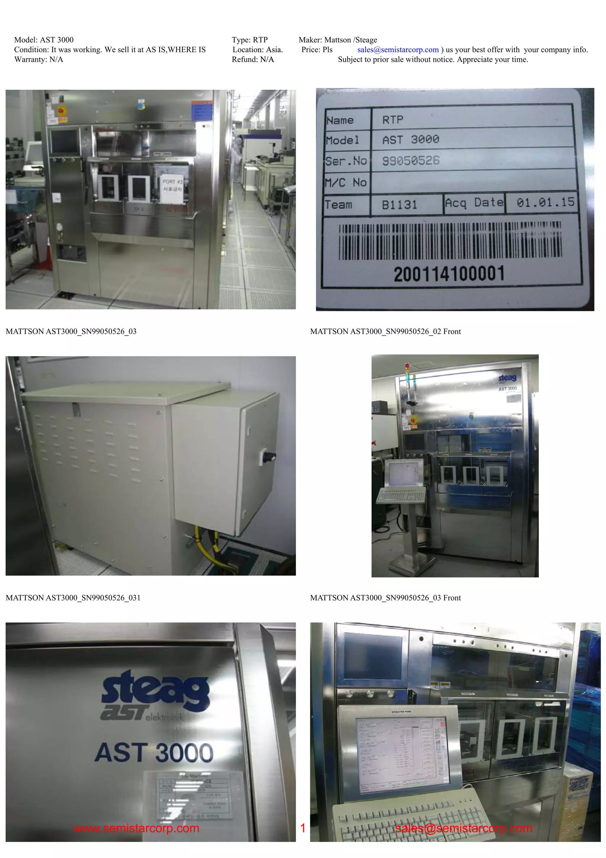 Mattson AST 3000 RTP 8 inch Rapid Thermal Processing Equipment | PDF
