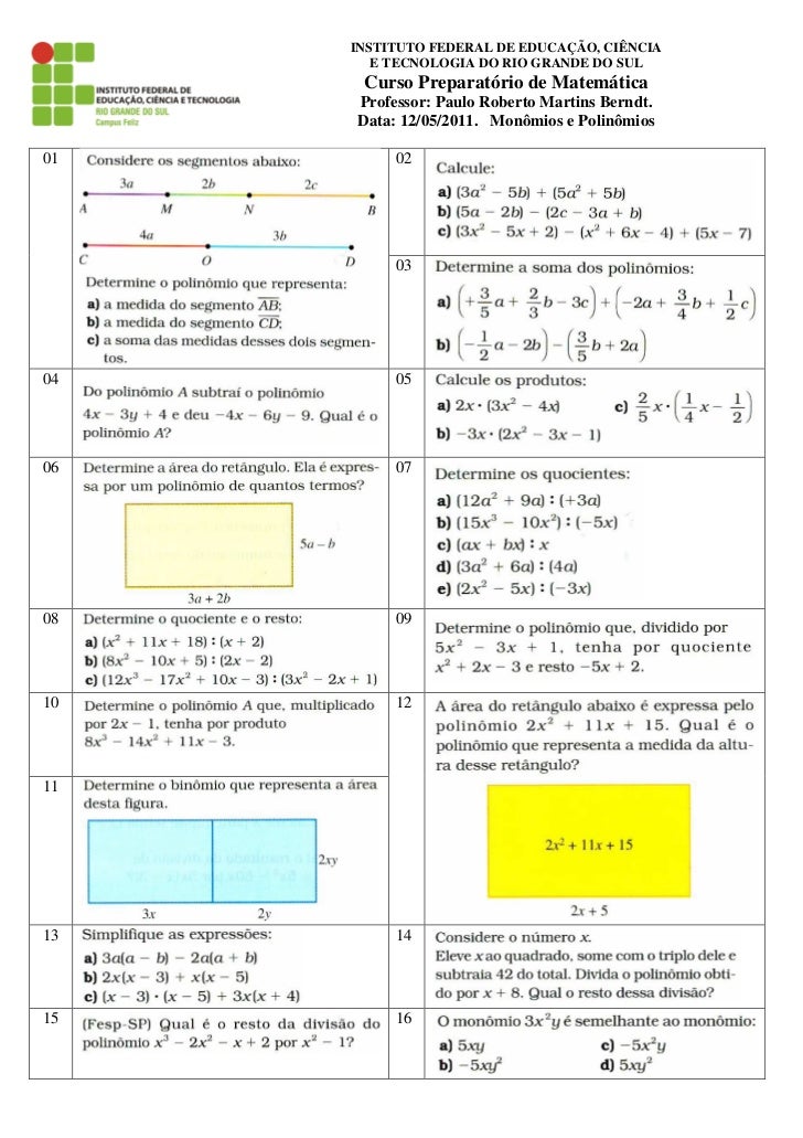 Mat utfrs 09. monomios e polinomios exercicios