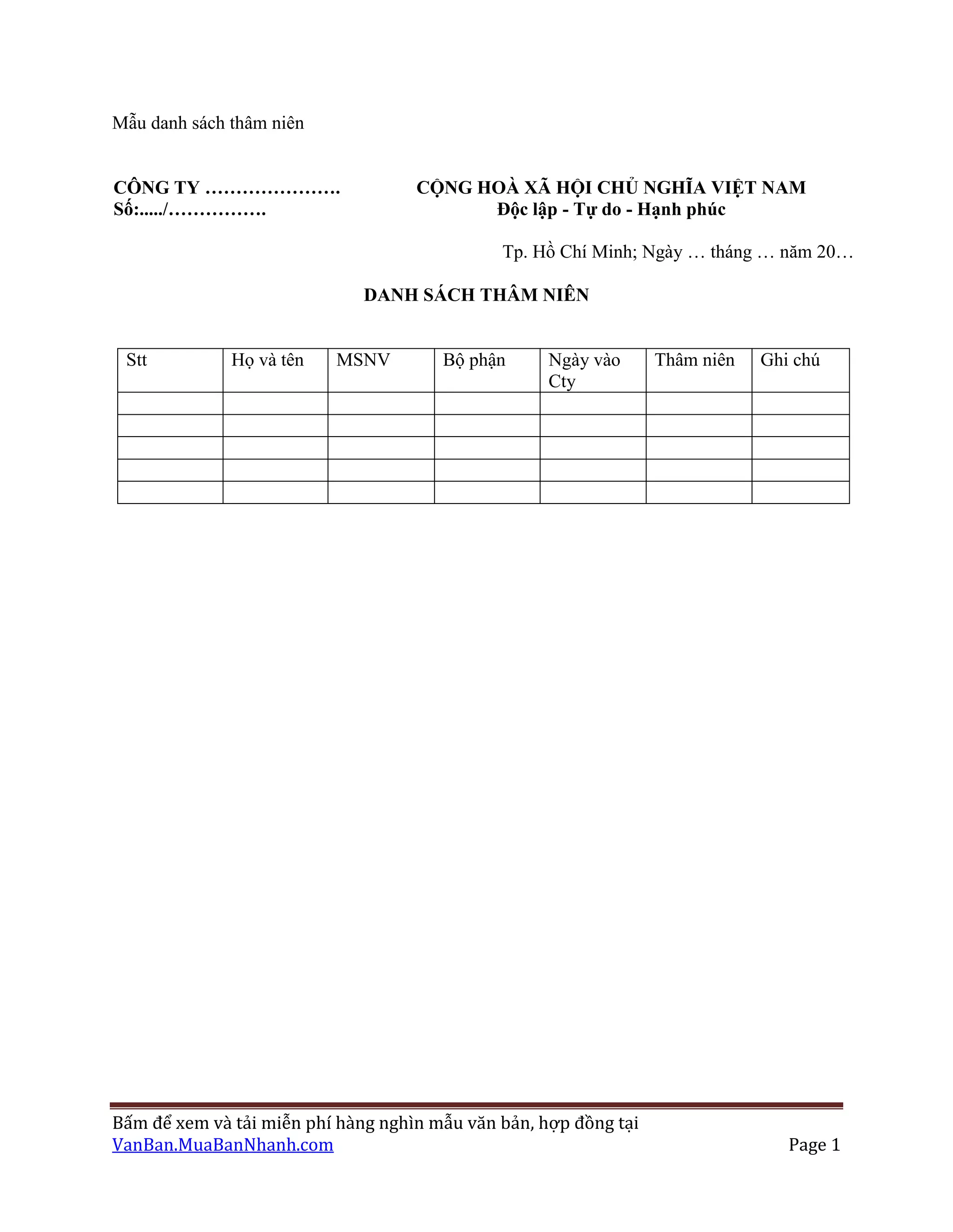 Mẫu danh sách thâm niên | PDF