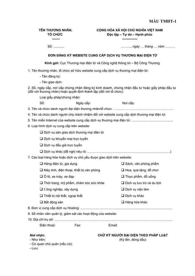 Mau don dang ky website tmdt mau bo | PDF