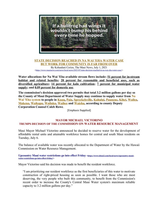 Maui Mayor - Art of Bullfrogging - Water for the People - Culture ...