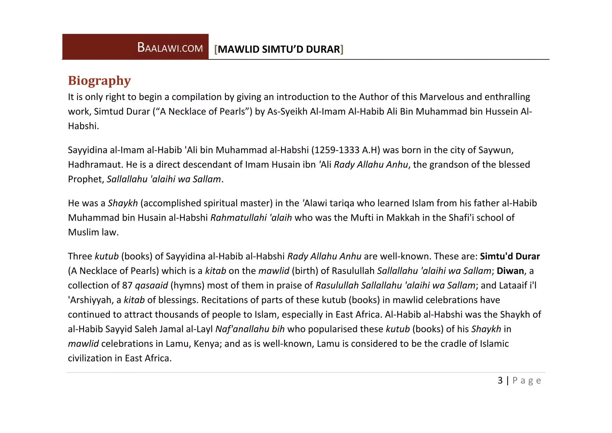 Maulid Simthudduror - Al Habib Ali bin Muhammad bin Husein Al-Habsyi | PDF