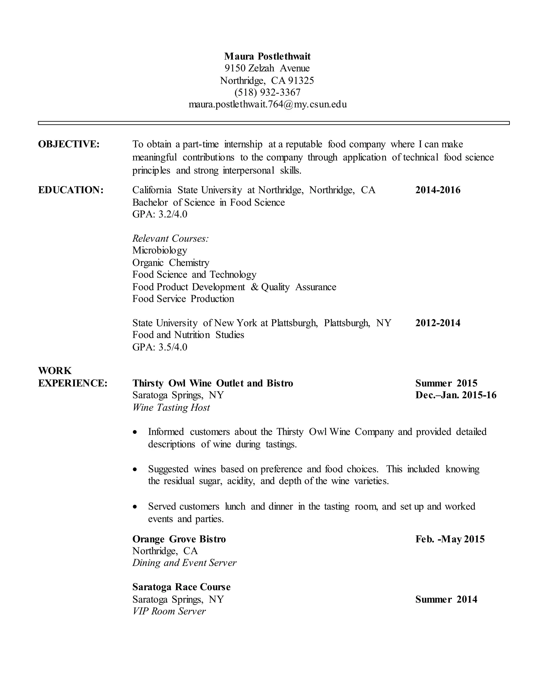 Maura postlethwait resume | DOCX | Bars & Restaurants | Attractions