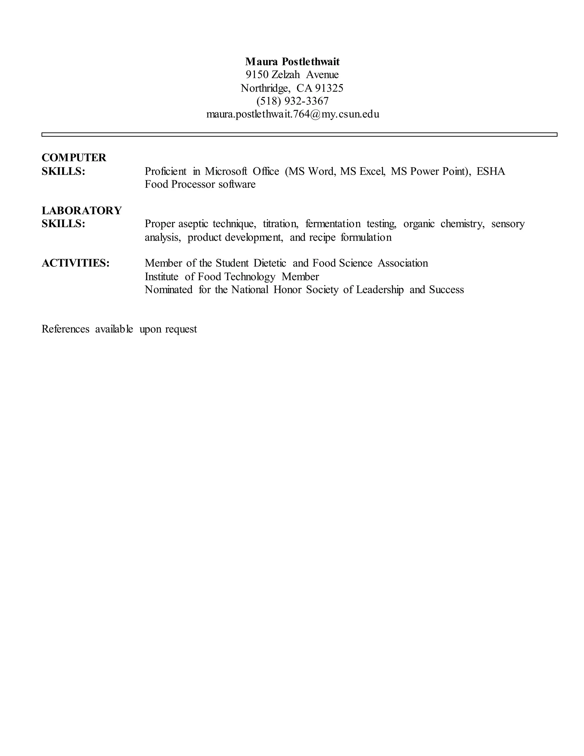 Maura postlethwait resume | DOCX | Bars & Restaurants | Attractions