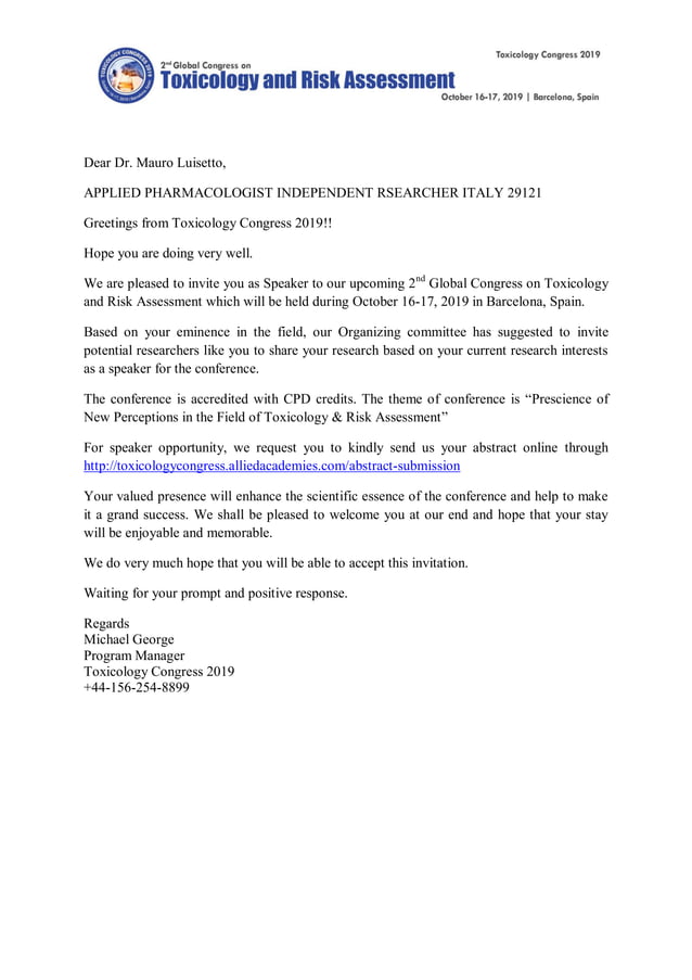 Mauro luisetto invitation global congress toxicology and risk ...