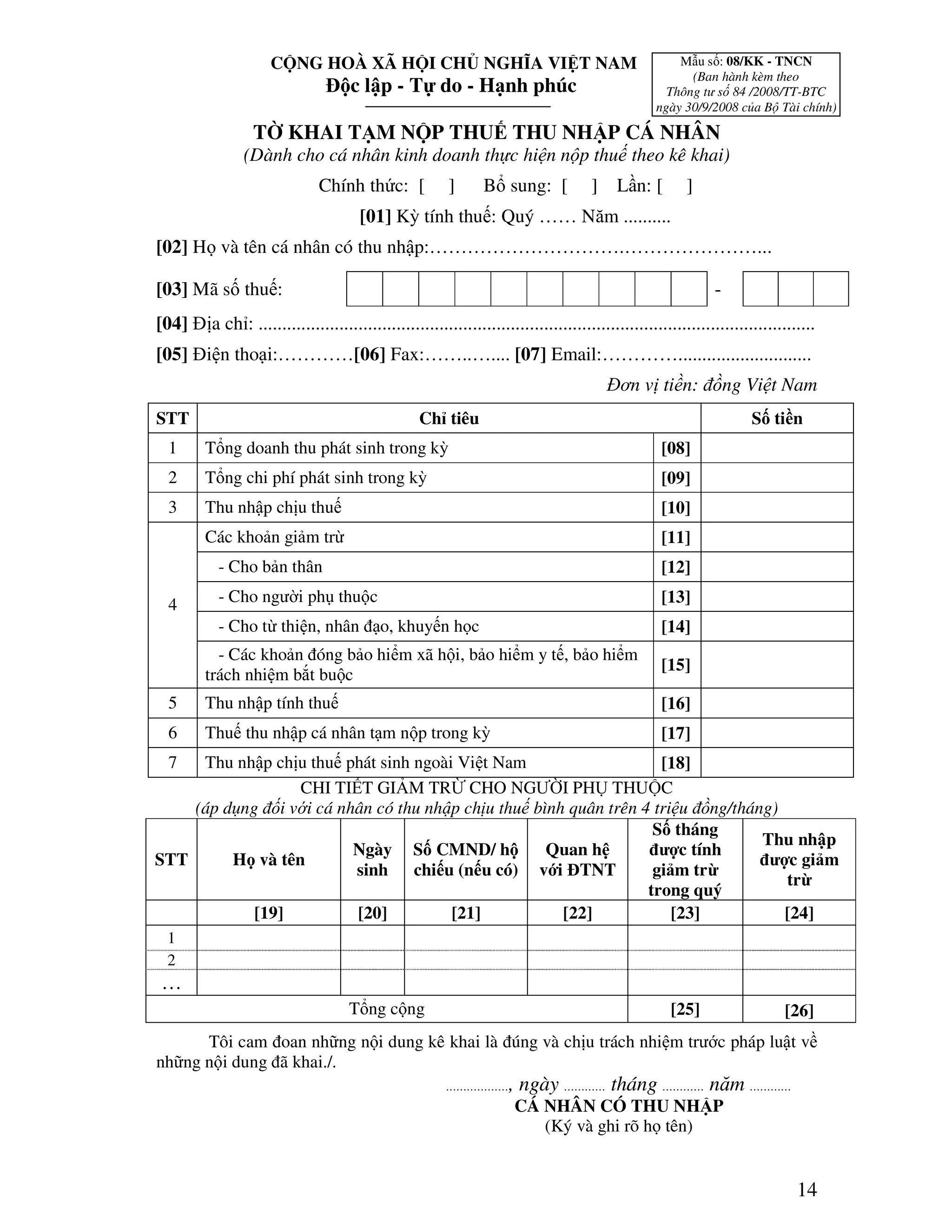 Mau so 08 kk tncn_ to khai tam nop thue tncn | PDF