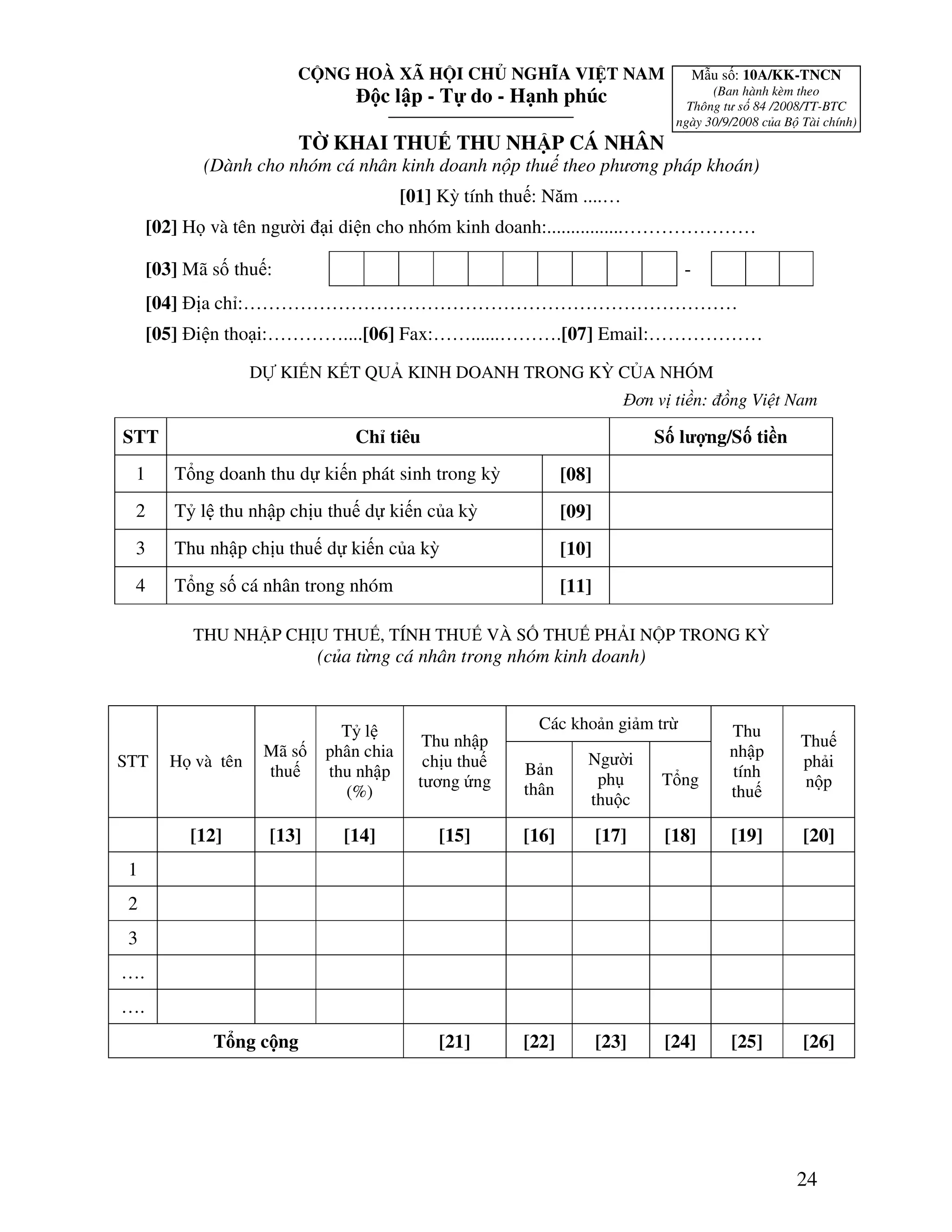 Mau so 10 a kk-tncn_to khai thue tncn | PDF