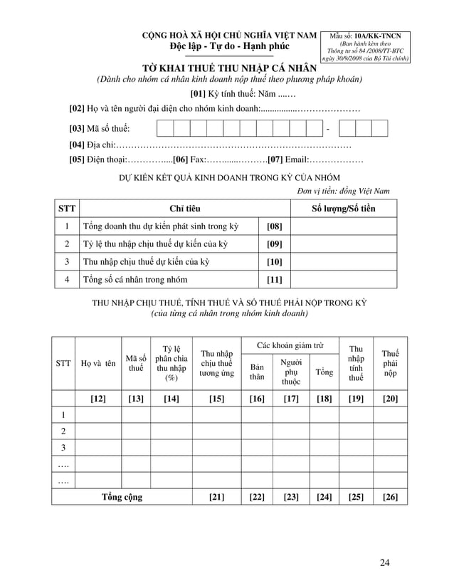 Mau so 10 a kk-tncn_to khai thue tncn | PDF