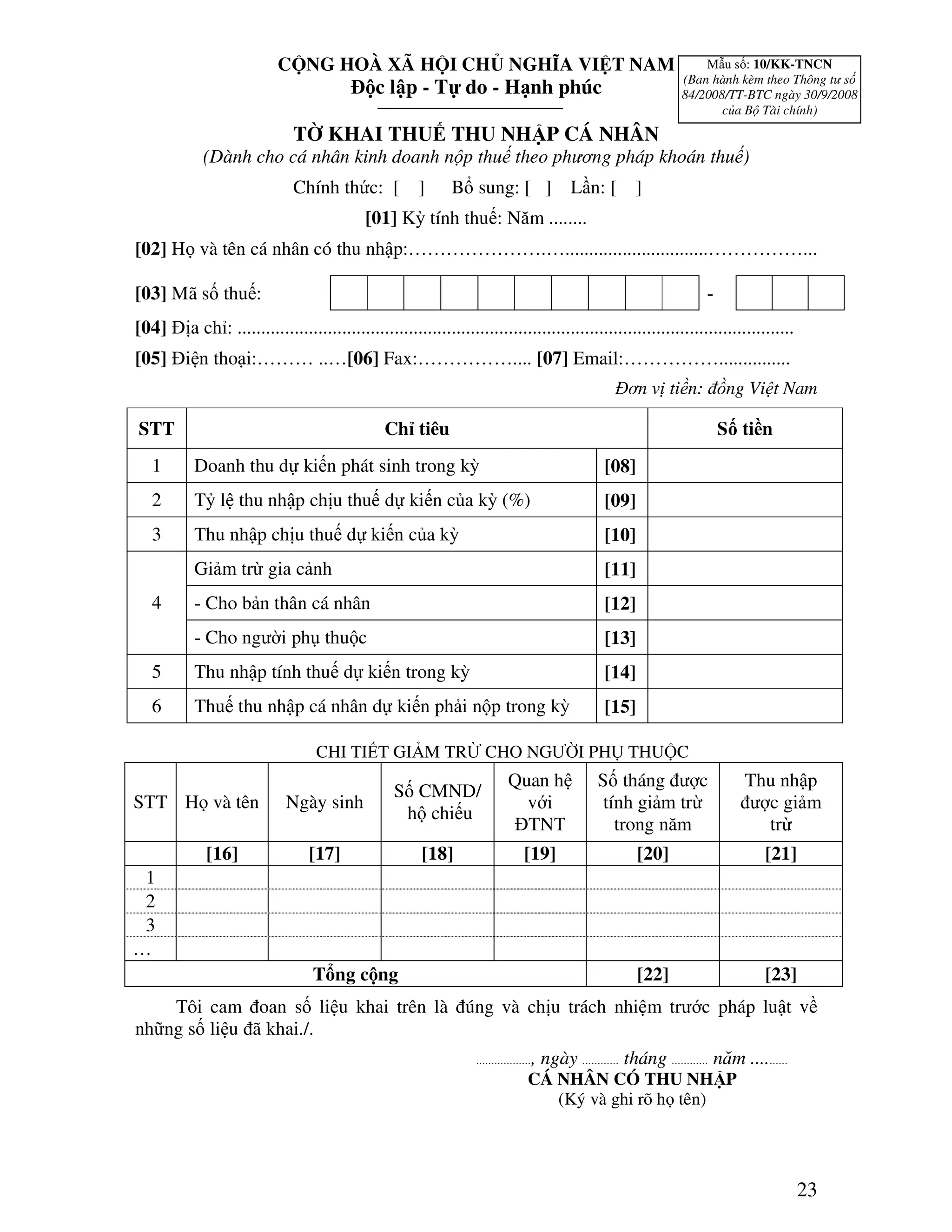 Mau so 10 kk tncn_to khai thue tncn | PDF