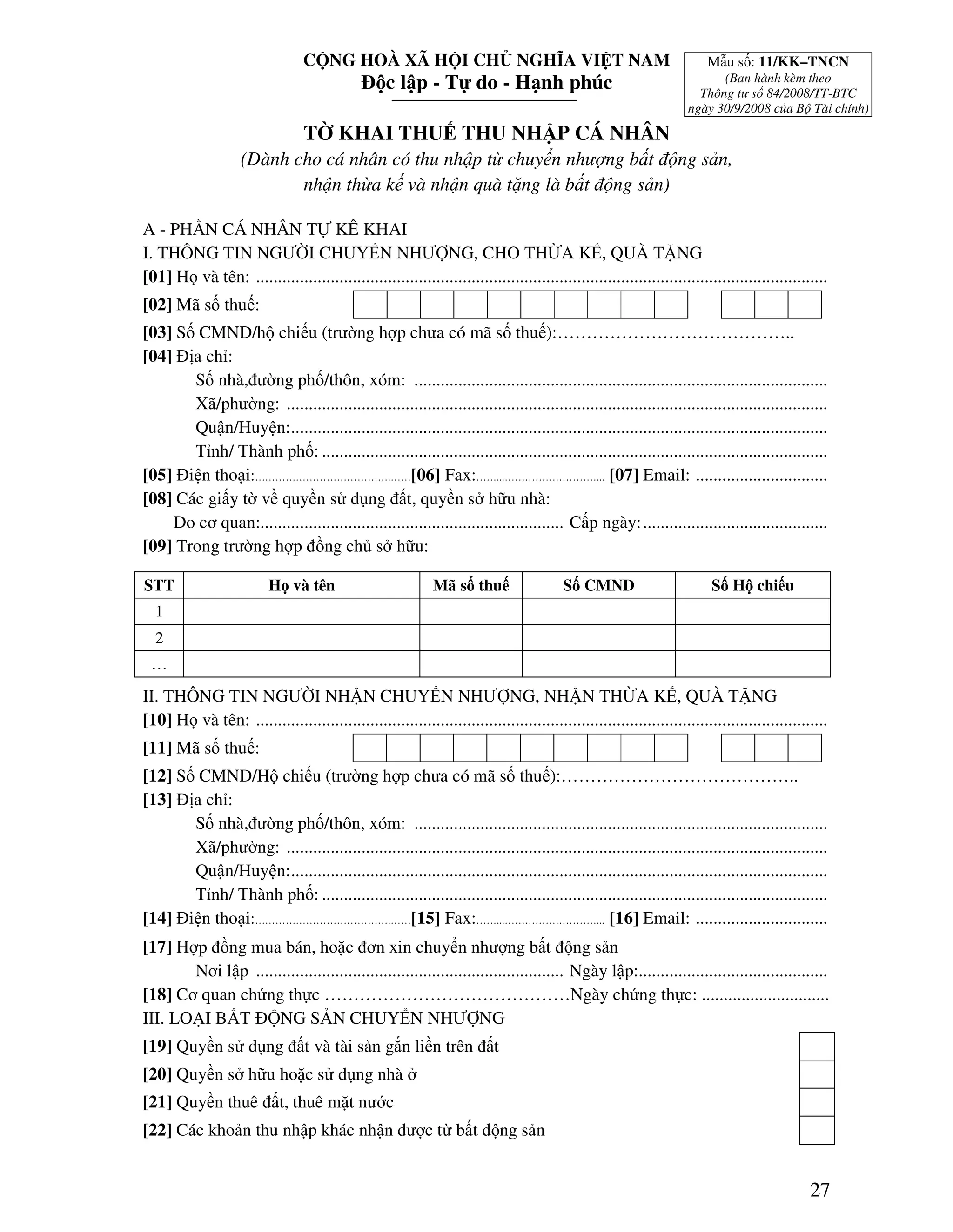 Mau so 11 kk tncn_to khai thue tncn | PDF