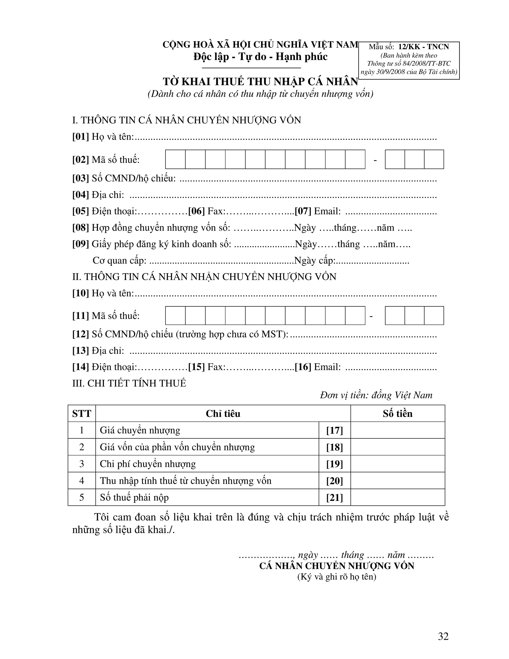 Mau so 12 kk tncn_to khai thue tncn | PDF