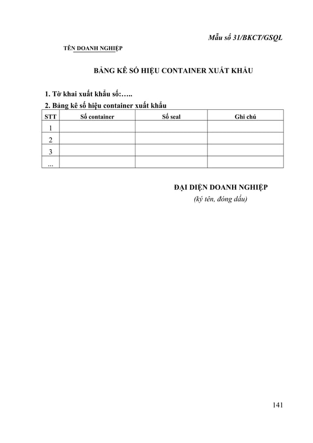 Mau so 31 bang ke so hieu container xuat khau | DOC