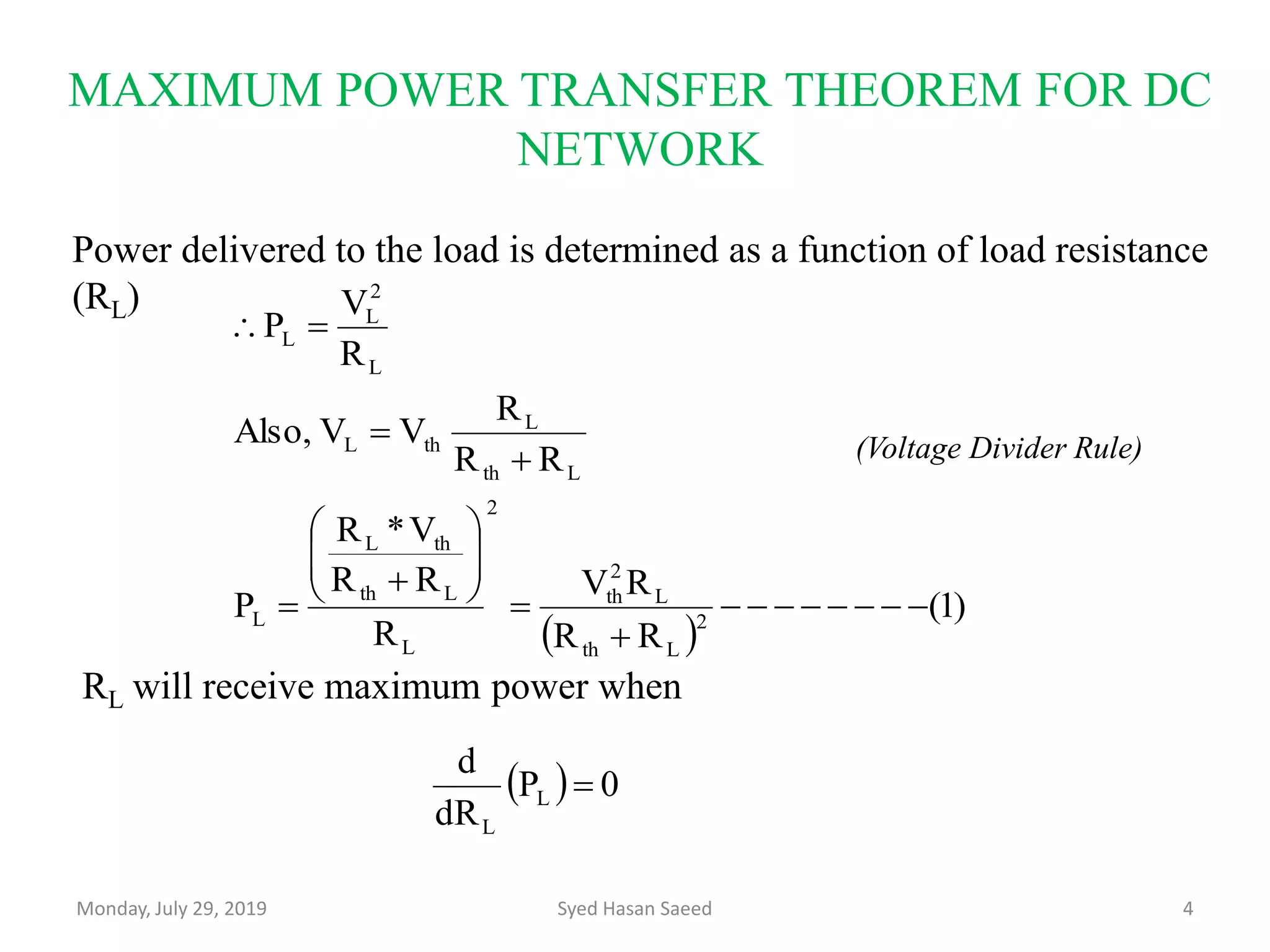 Max. power transfer theorem dc network (Revised) | PPTX