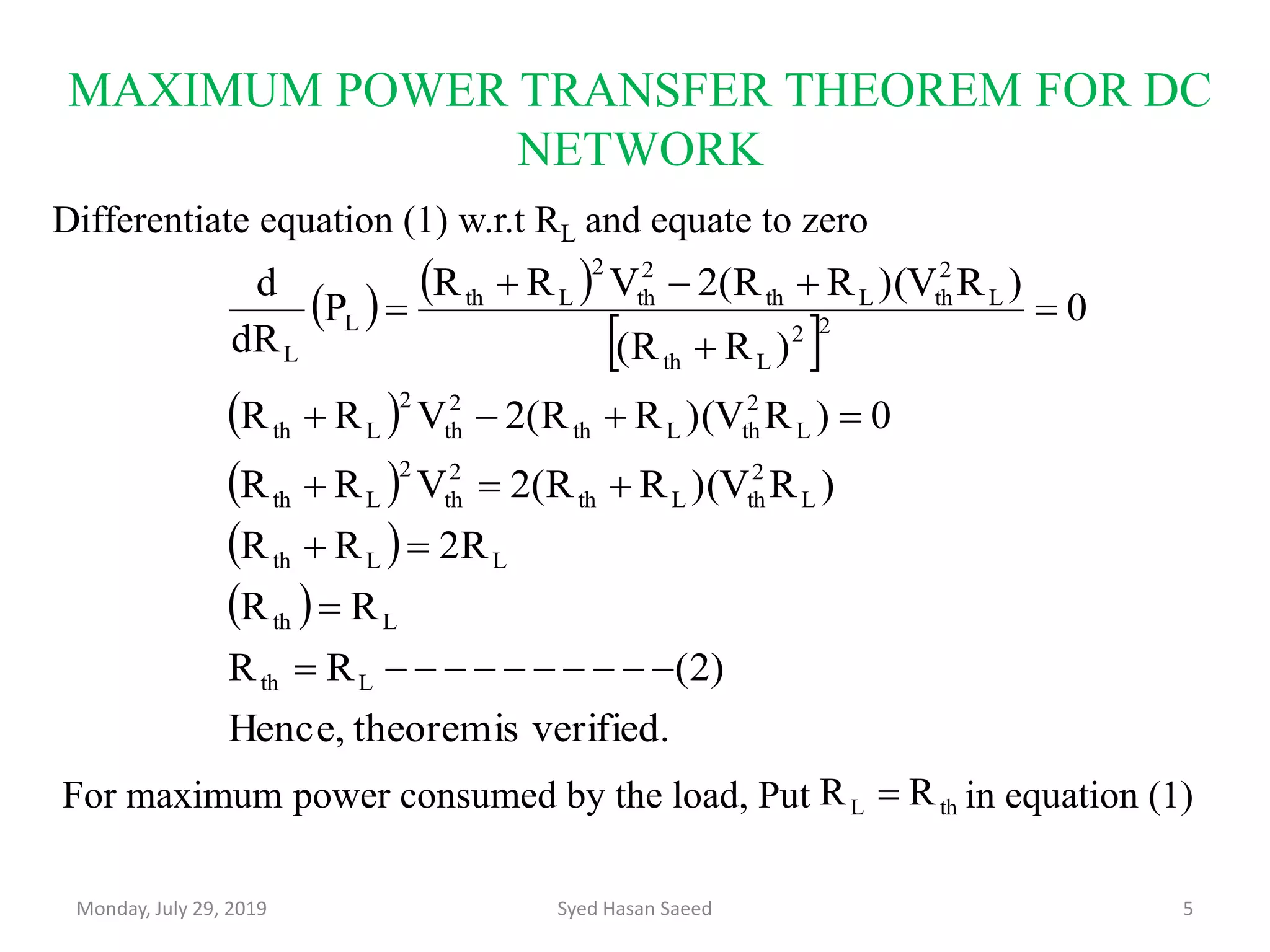 Max. power transfer theorem dc network (Revised) | PPTX