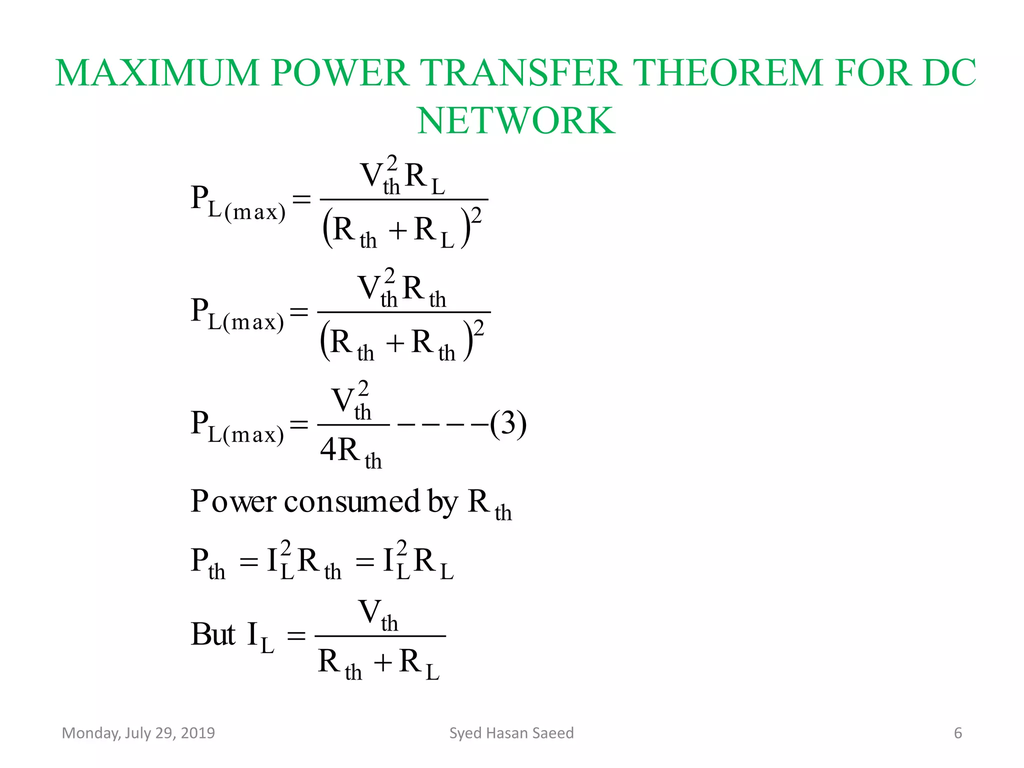 Max. power transfer theorem dc network (Revised) | PPTX