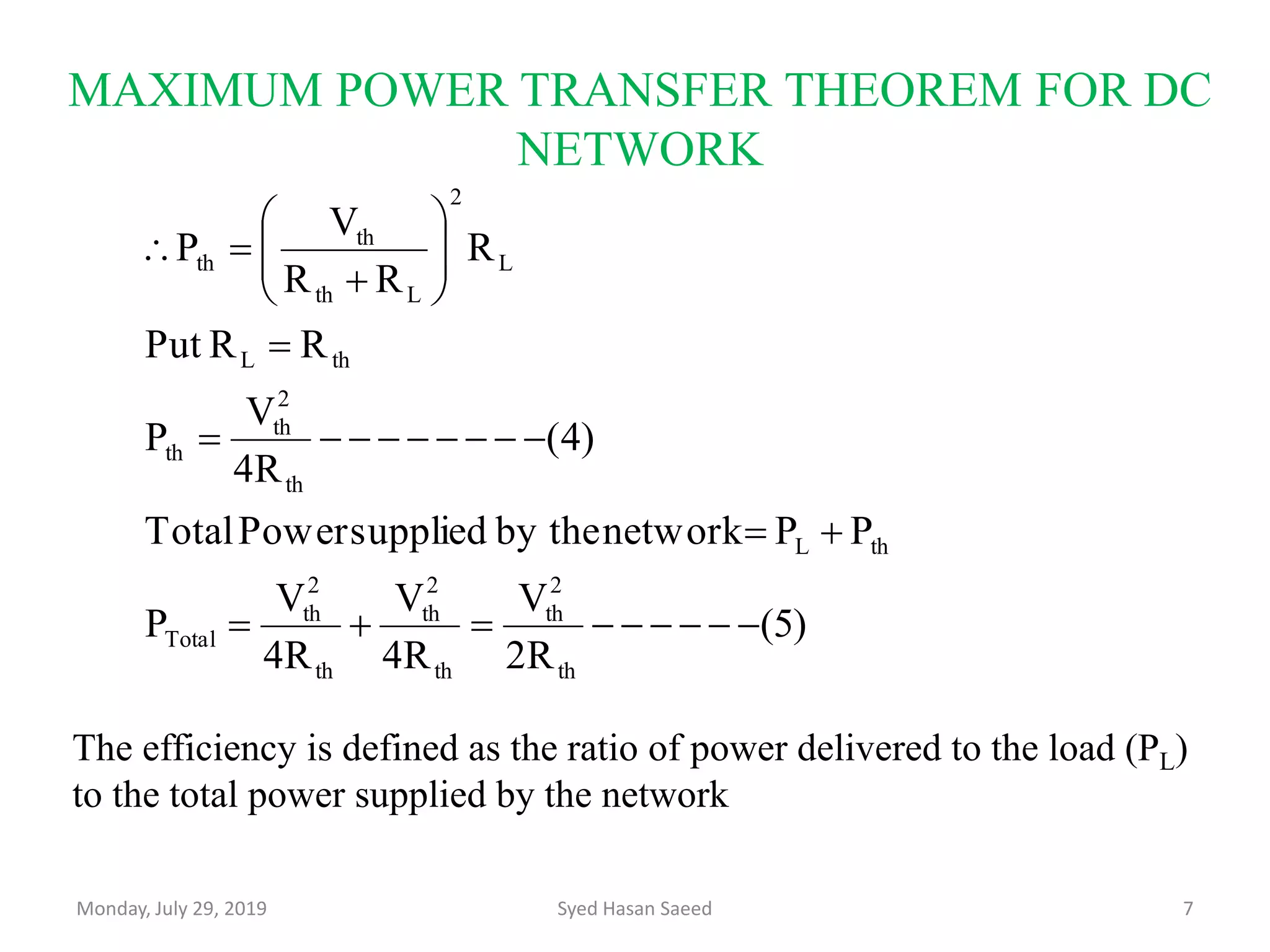 Max. power transfer theorem dc network (Revised) | PPTX | Physics | Science