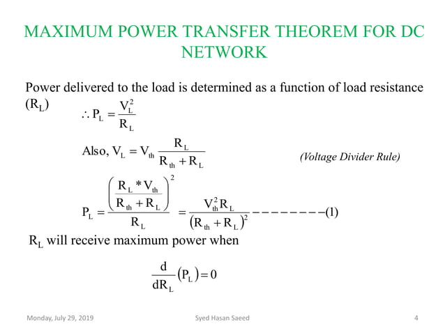 Max. power transfer theorem dc network (Revised) | PPTX | Physics | Science
