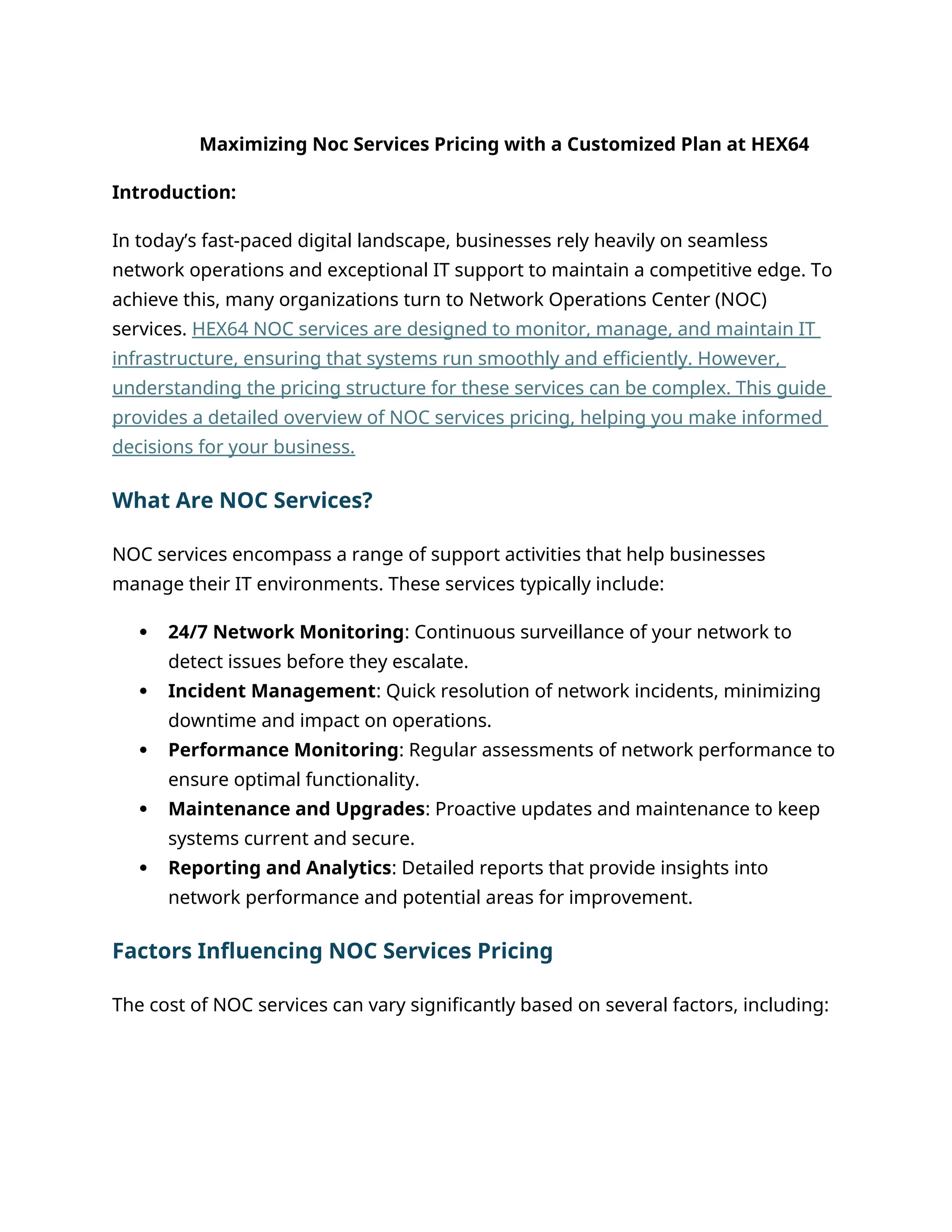 Maximizing Noc Services Pricing with a Customized Plan at HEX64.docx