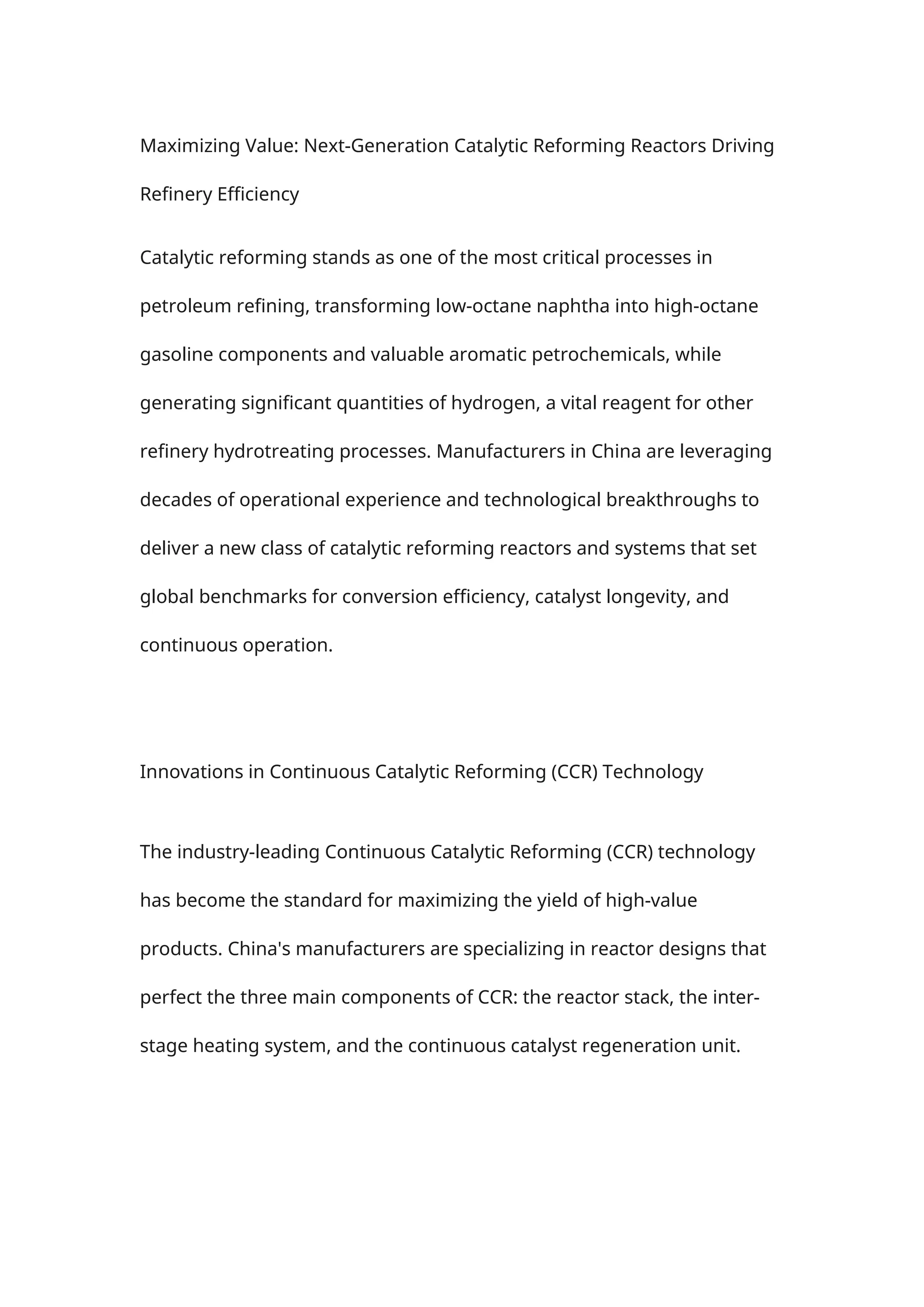 Maximizing Value Next-Generation Catalytic Reforming Reactors Driving ...