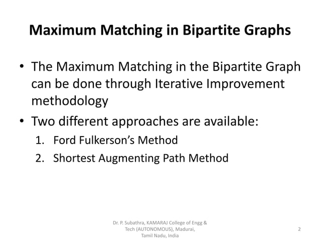 Maximum matching in bipartite graphs iterative improvement method | PDF ...