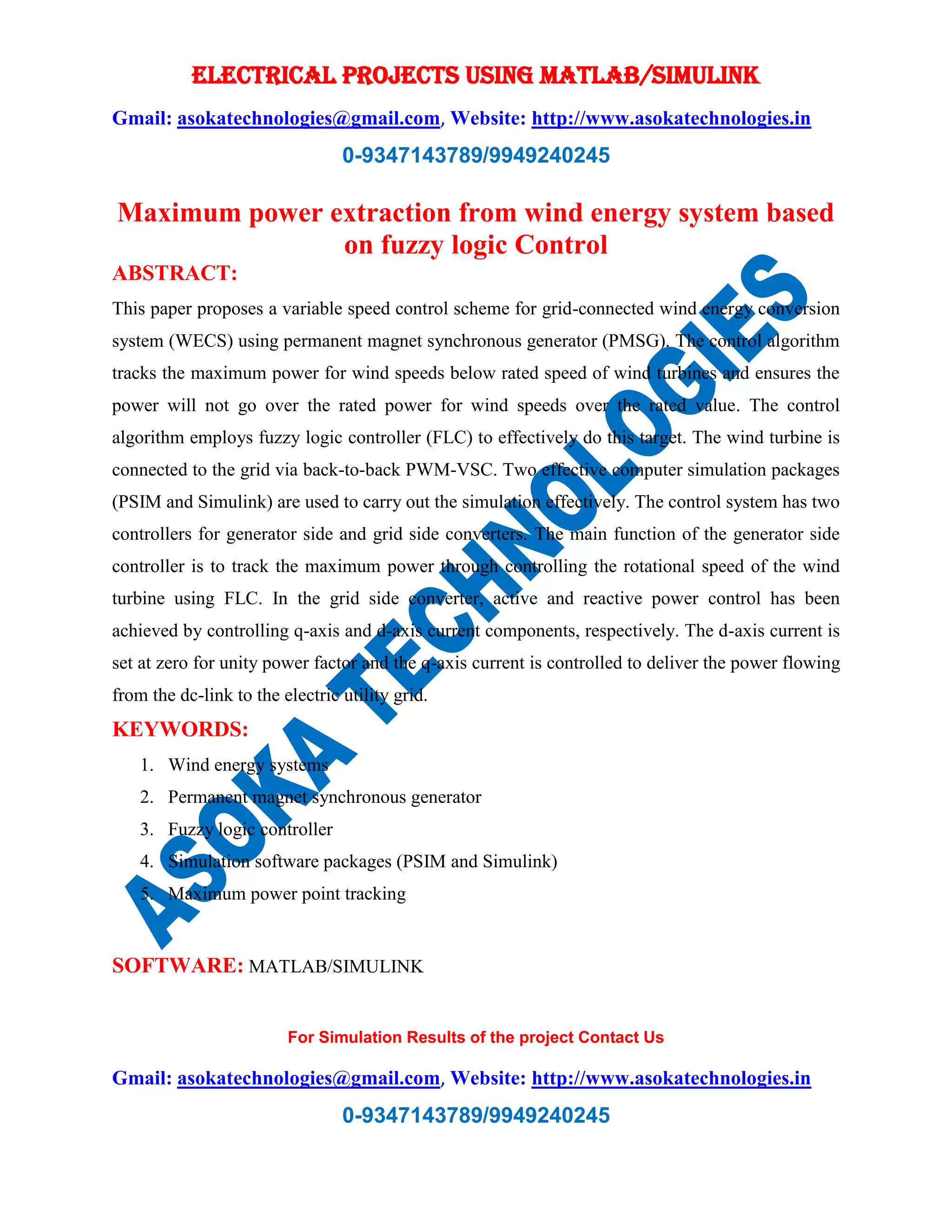 Maximum power extraction from wind energy system based on fuzzy logic control | PDF