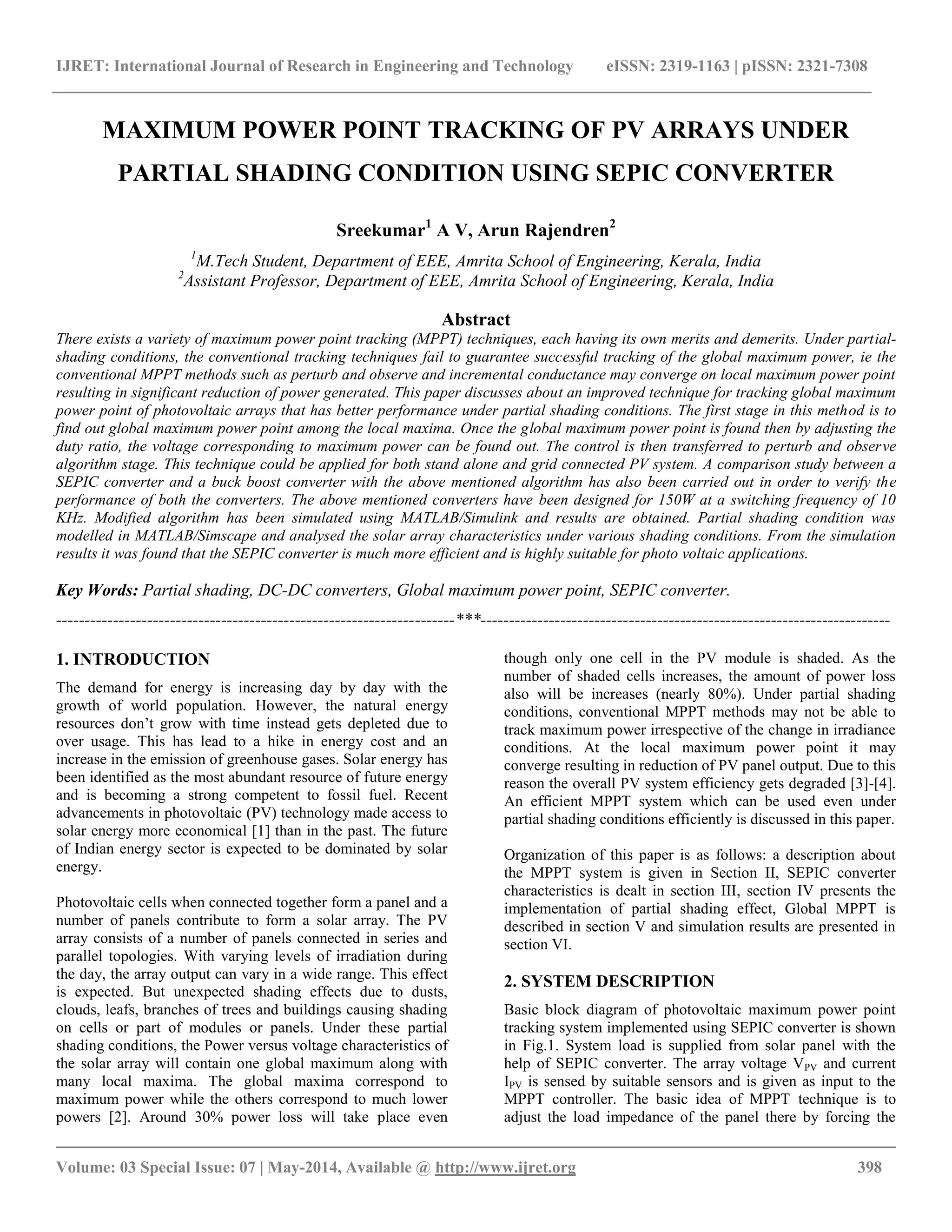 Maximum power point tracking of pv arrays under partial shading condition using sepic converter ...