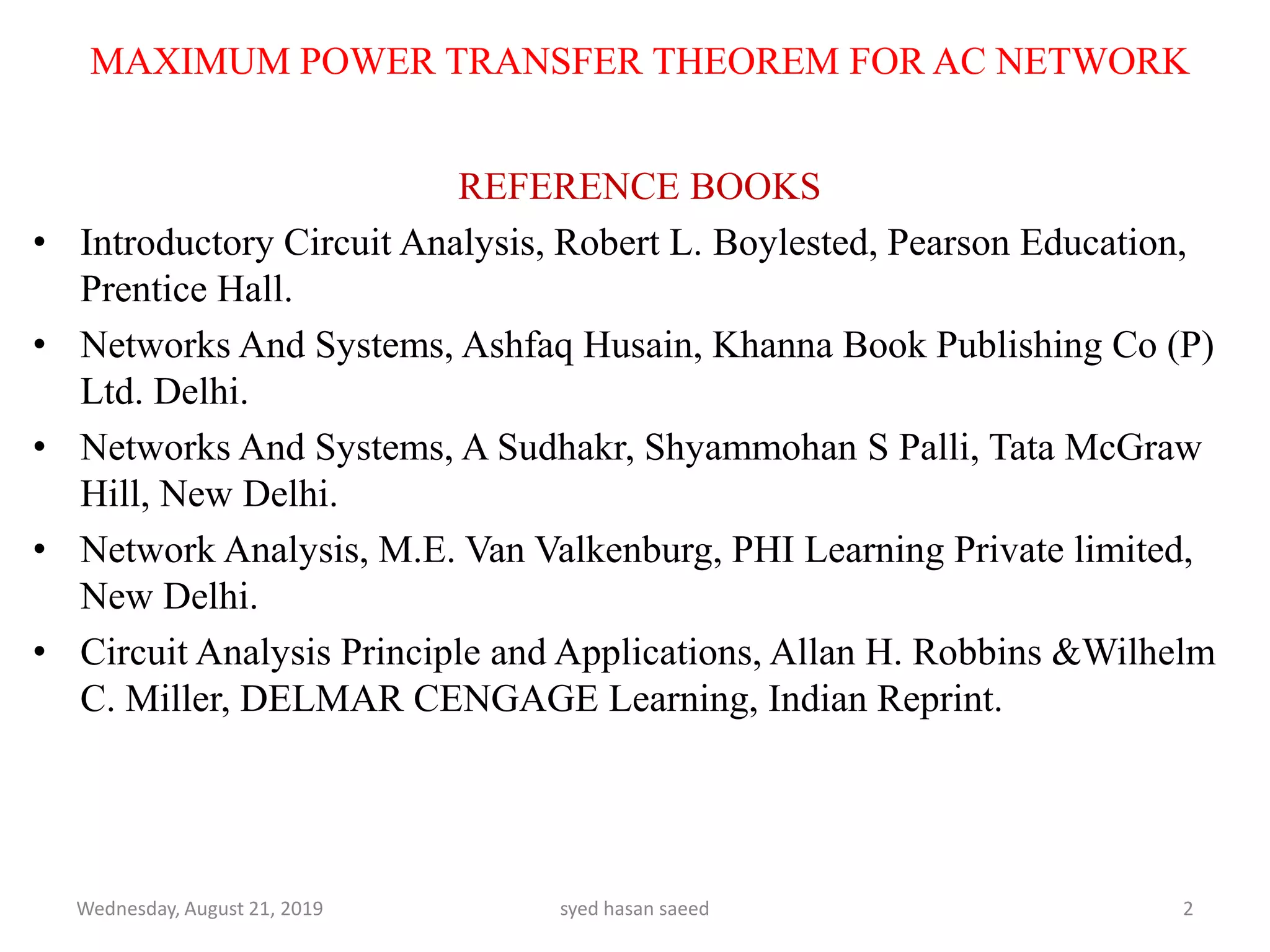 Maximum power transfer theorem for ac network | PPT