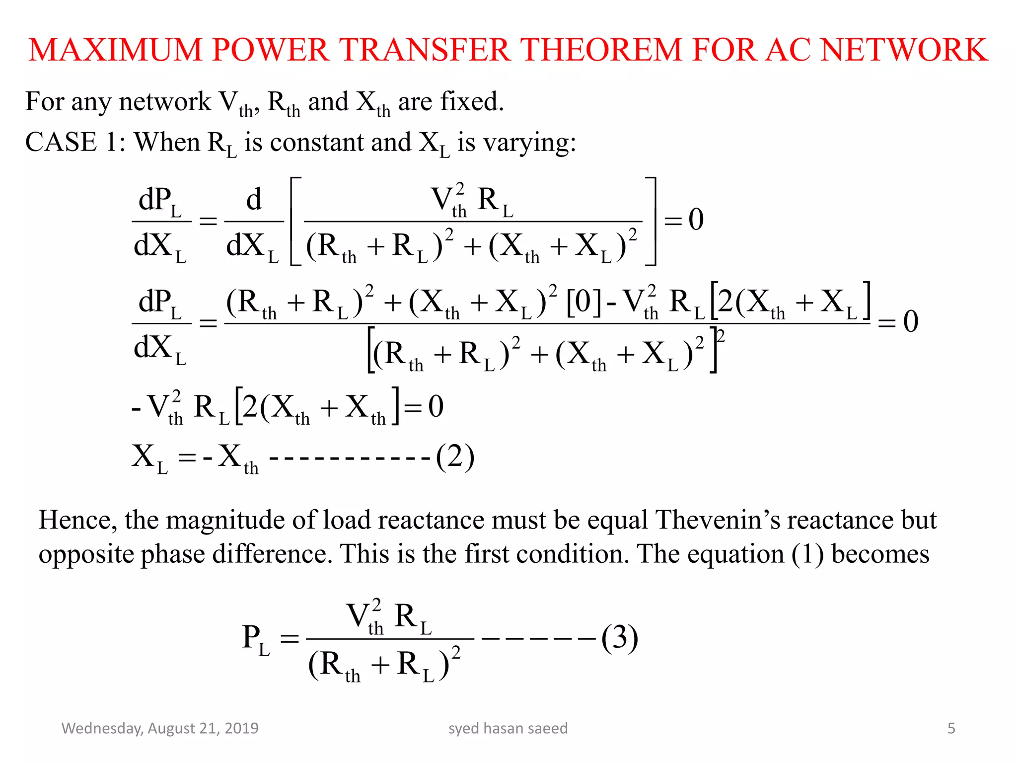 Maximum power transfer theorem for ac network | PDF