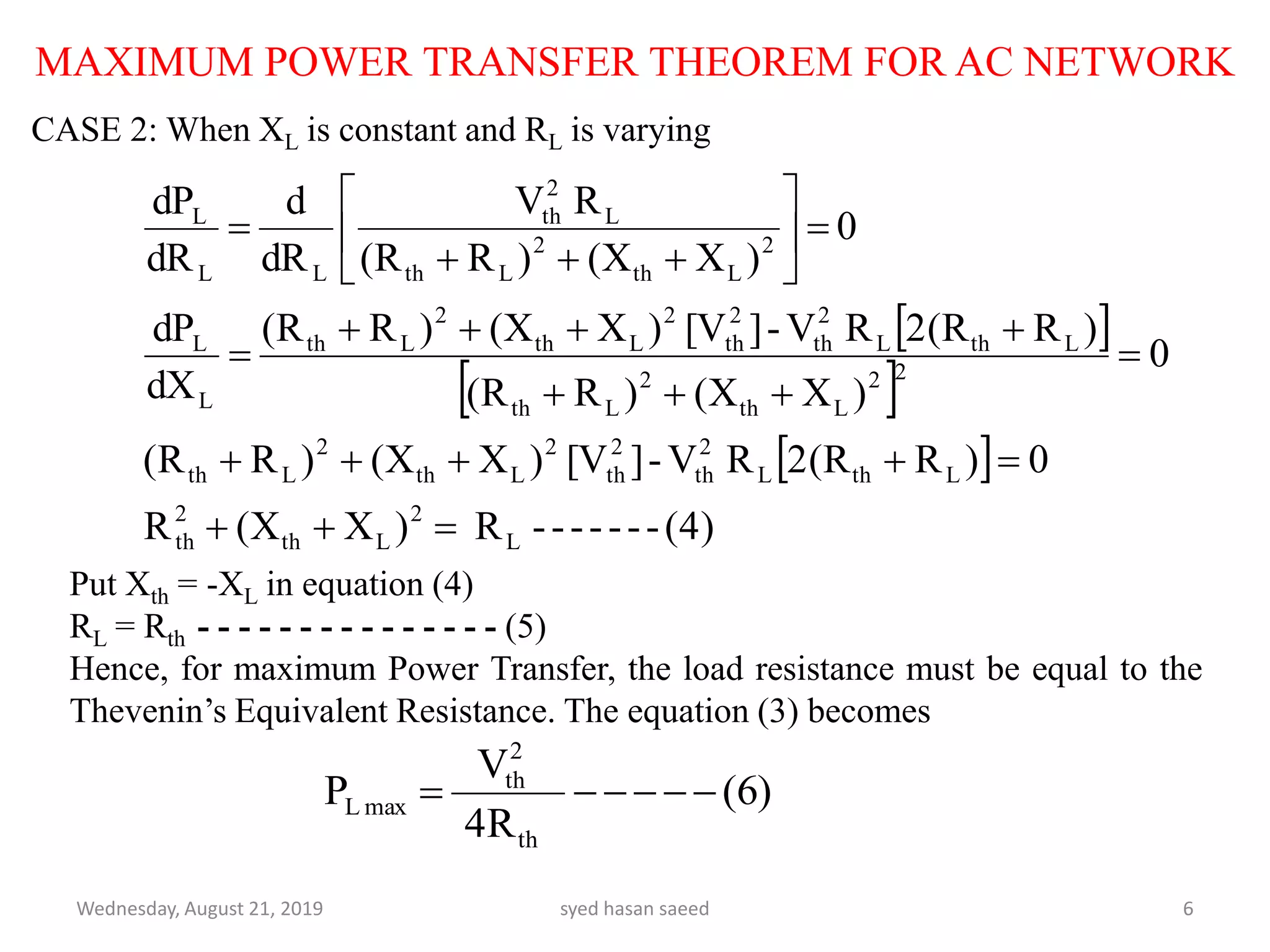 Maximum power transfer theorem for ac network | PDF