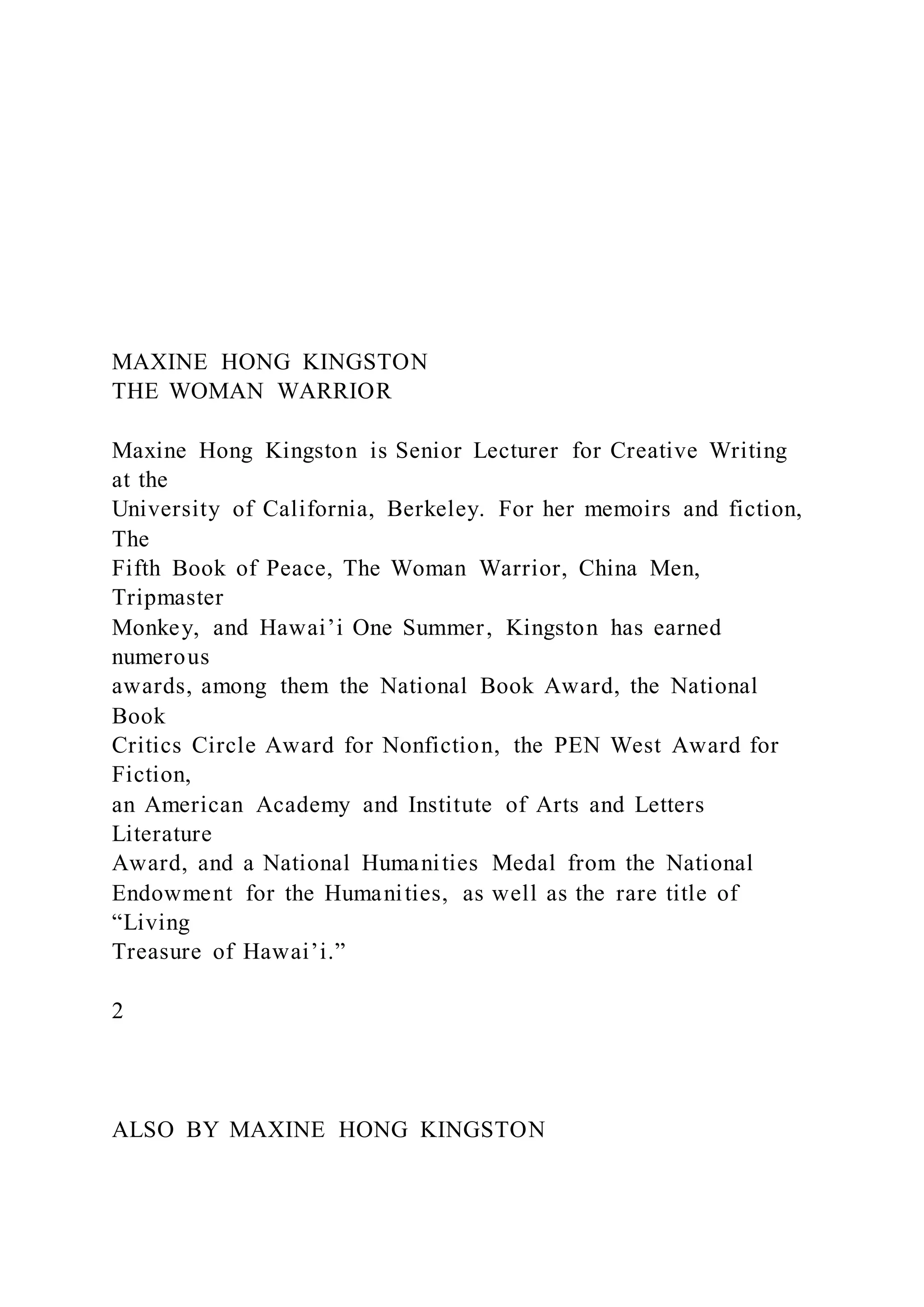 MAXINE HONG KINGSTONTHE WOMAN WARRIORMaxine Hong | PDF