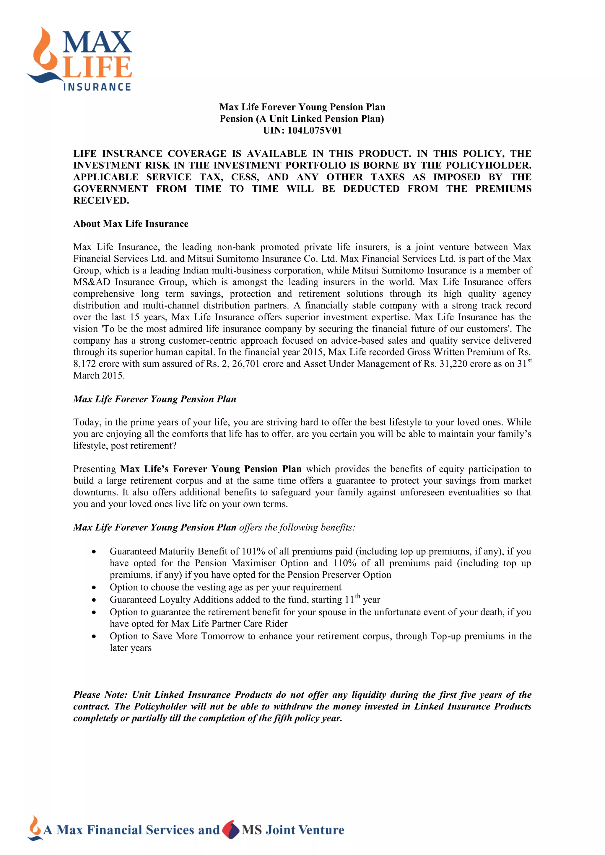 Max Life Forever Young Pension Plan | PDF