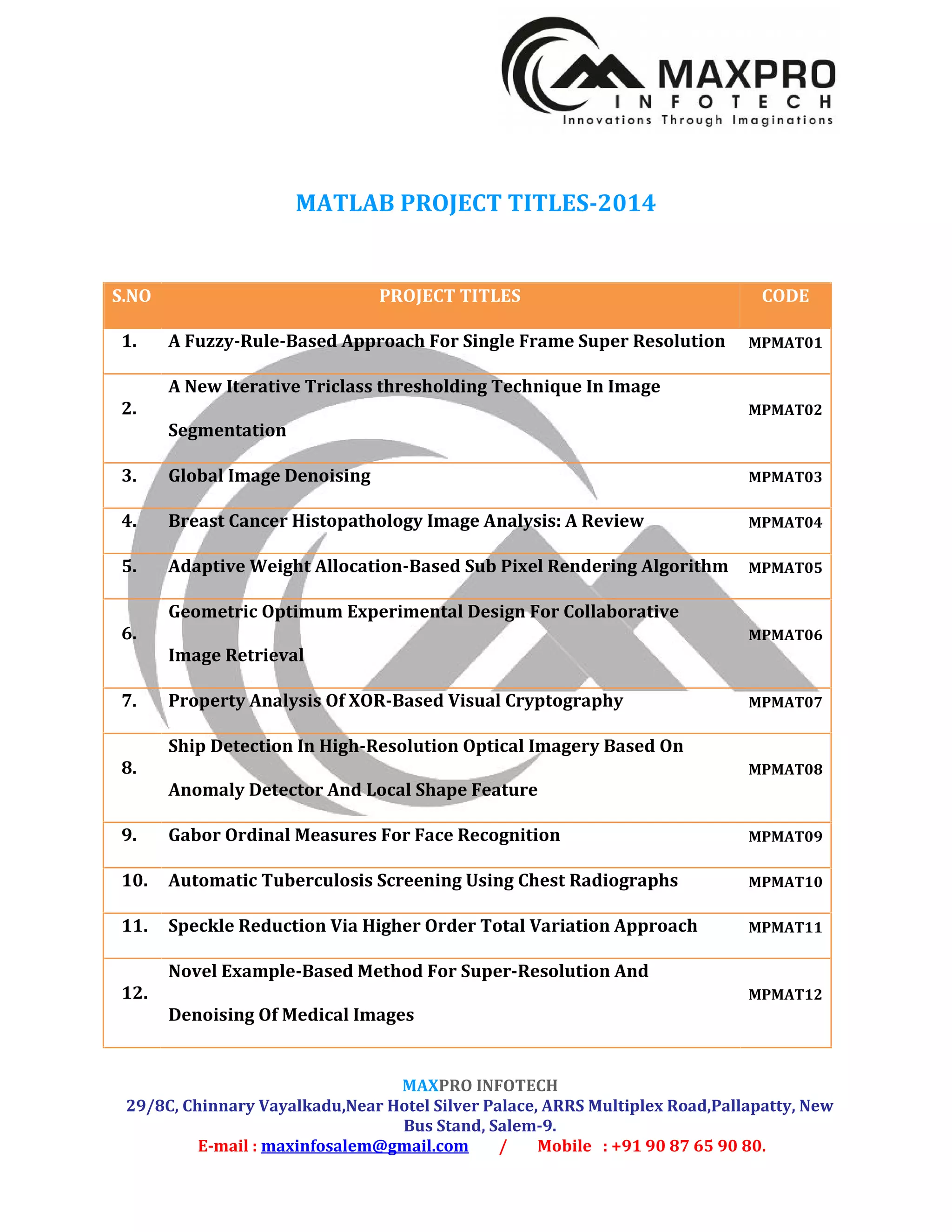 Maxpro infotech matlab project titles 2014 | PDF | Free Download