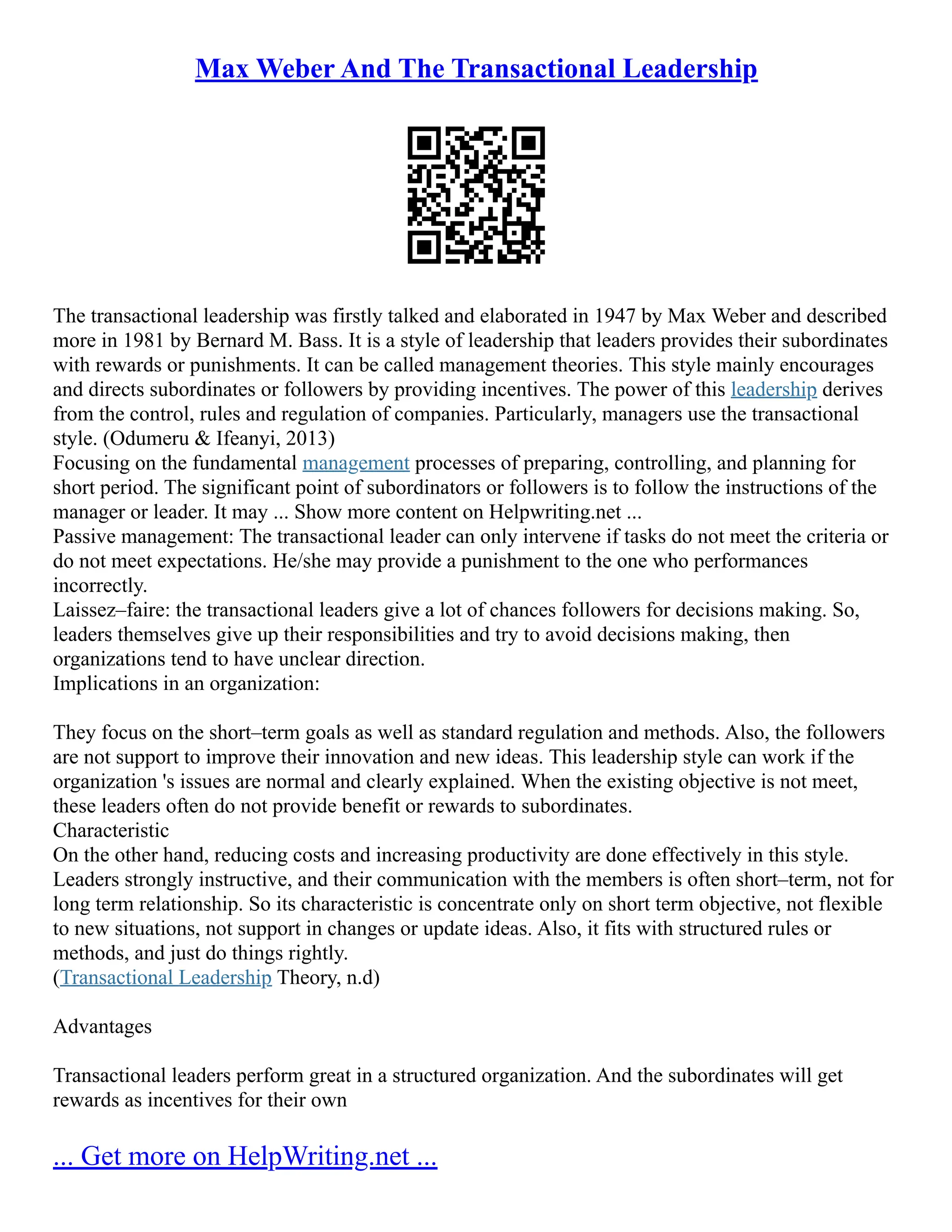 Max Weber And The Transactional Leadership | PDF