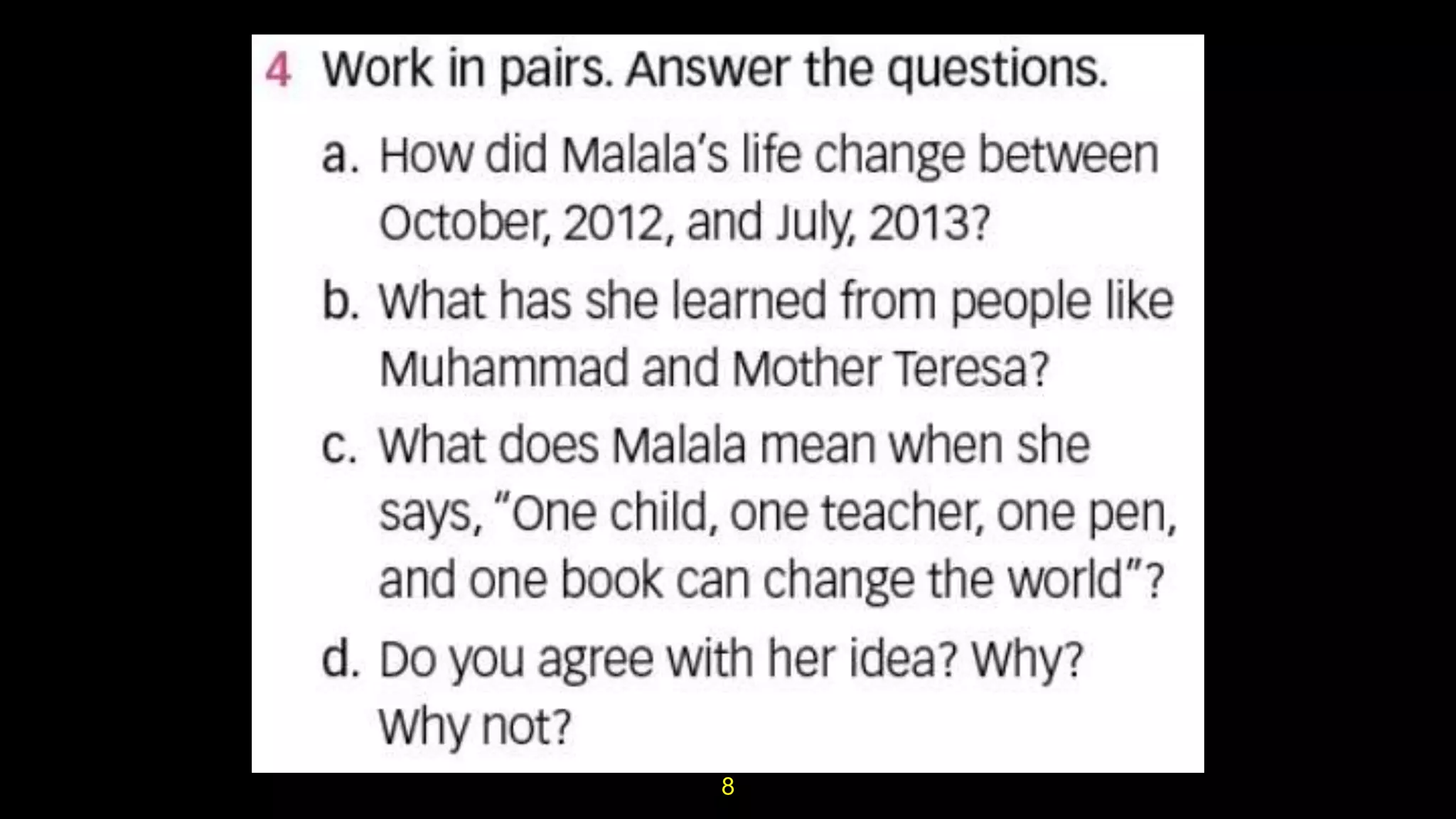 May 12 th class introduction reading malala pages 20 22 and 23 | PPT