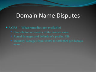 Trademarks in Cyberspace: Domain name disputes, cybersquatting and ...
