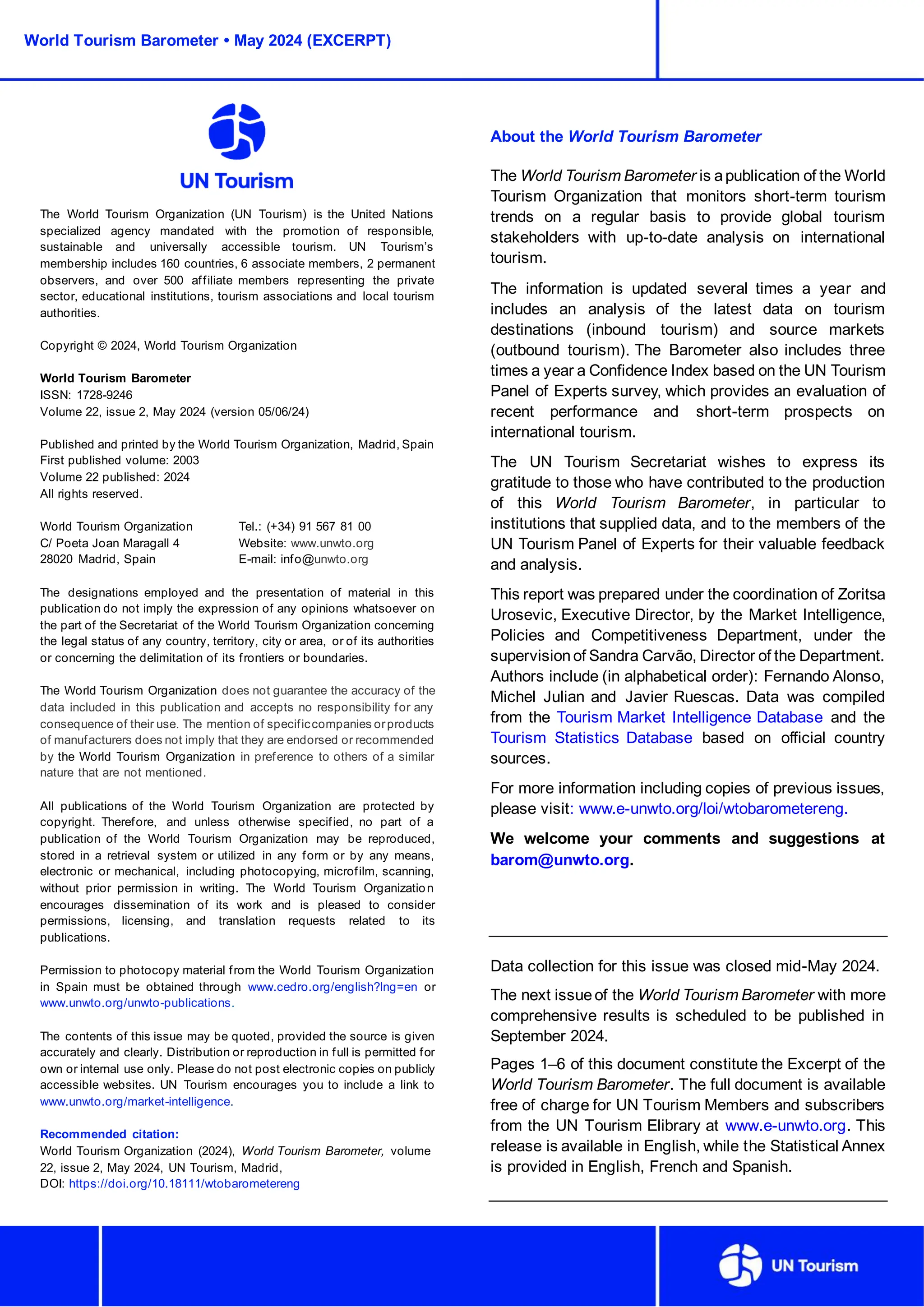 World Tourism Barometer (May 2024) by UN Tourism | PDF