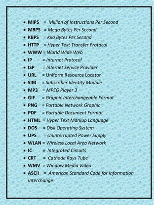 COMPUTER BASICS, GENERATION, SHORTCUT KEYS, FULL FORMS RELATED IN IT ...