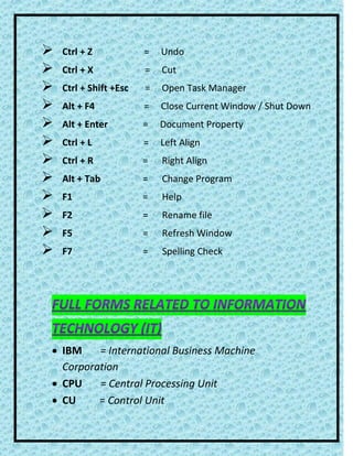 COMPUTER BASICS, GENERATION, SHORTCUT KEYS, FULL FORMS RELATED IN IT ...