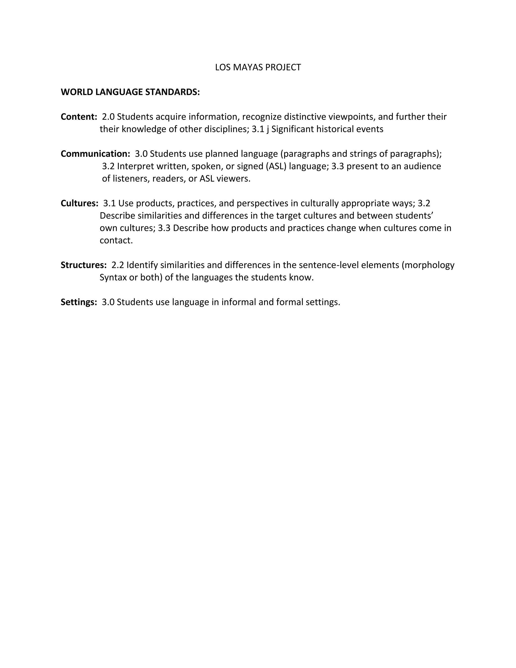 Mayas project world language standards used | PDF