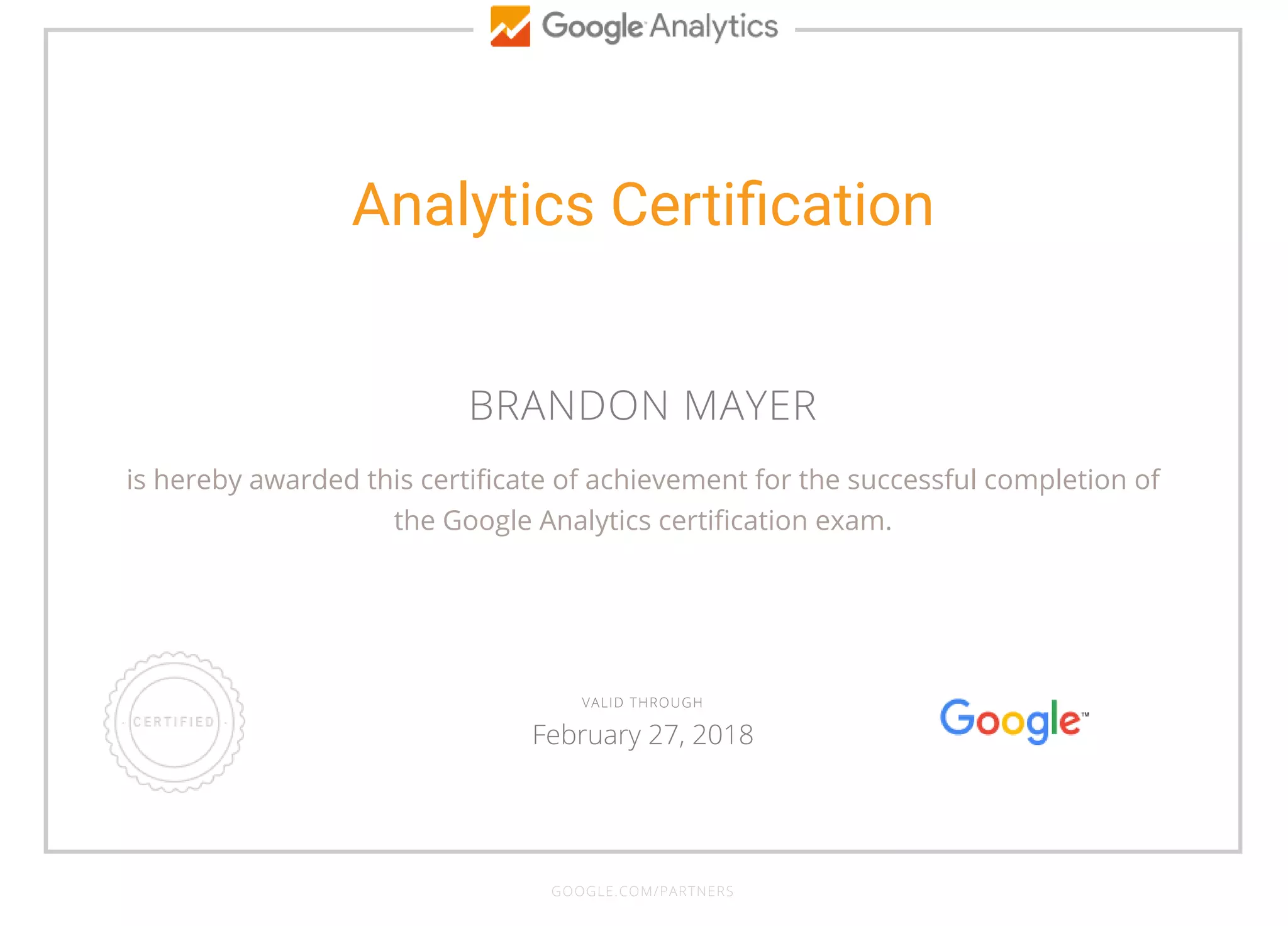 Brandon Mayer, Google Analytics IQ Certification | PPT