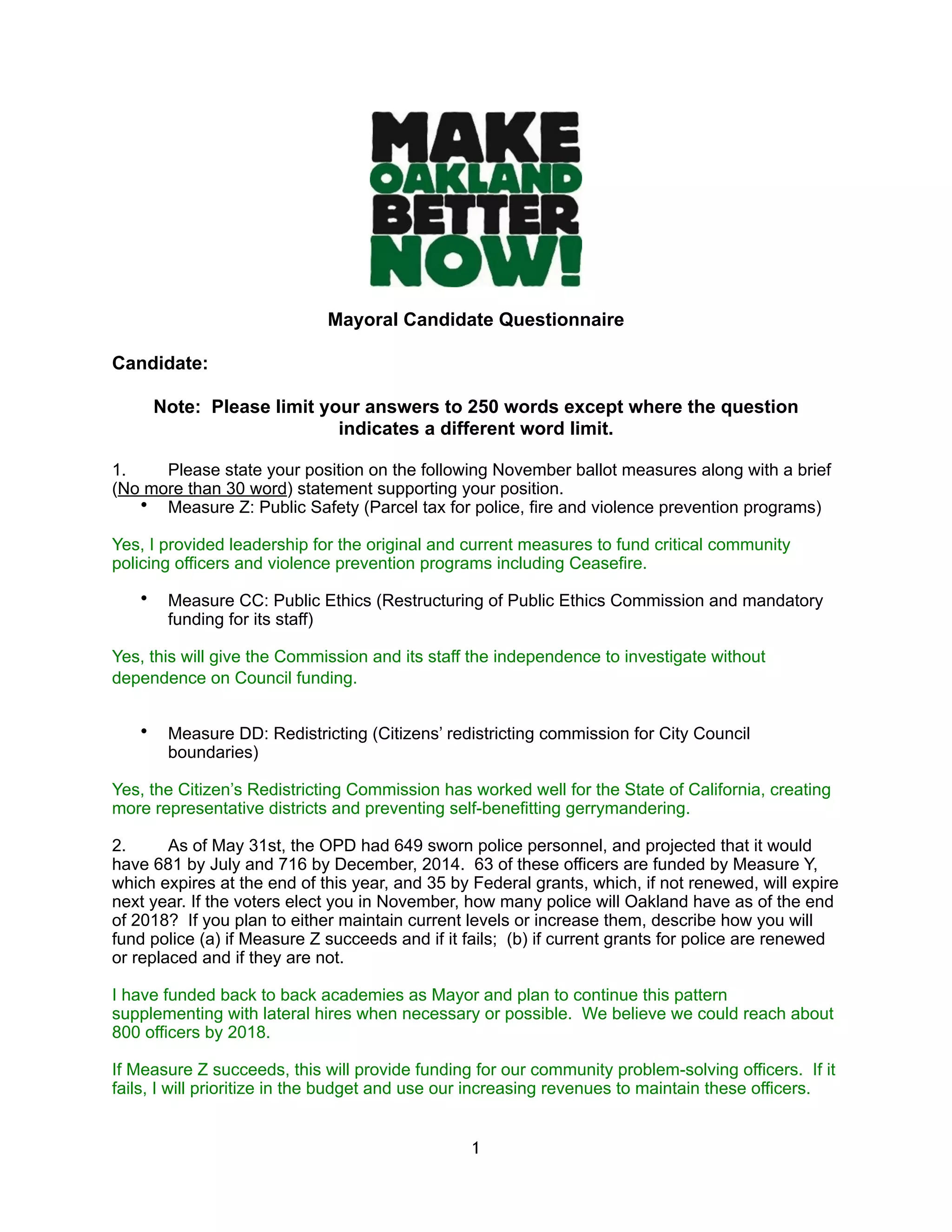 Oakland Mayoral Candidate Questionnaire 2014 - Jean Quan | PDF