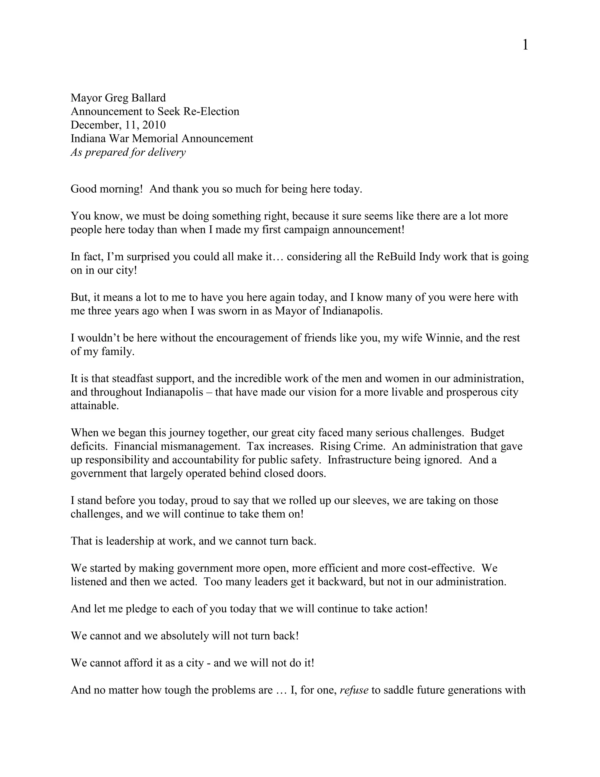 Mayor ballard re election announcement speech | PDF