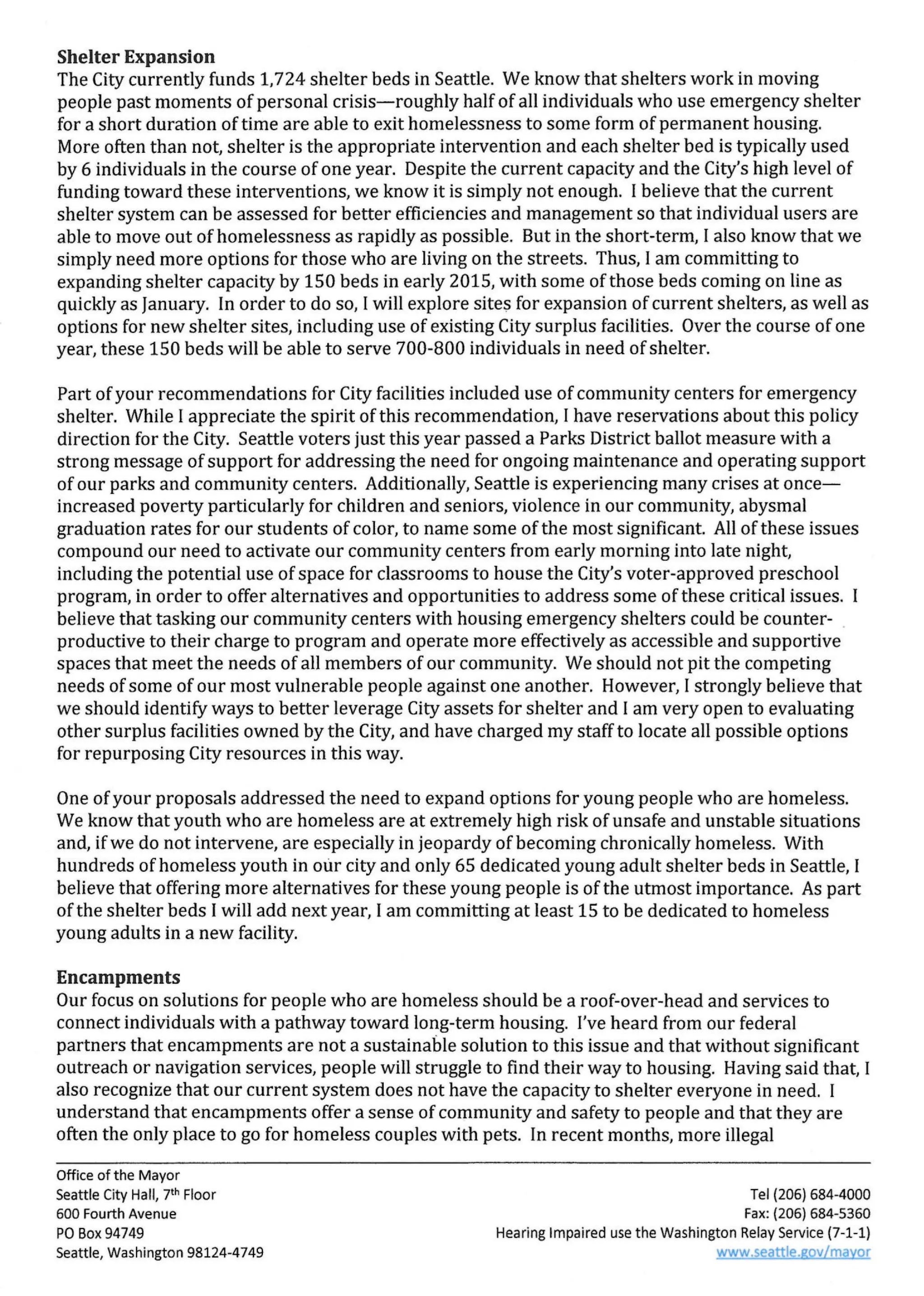 Mayor Murray letter to members of homelessness task force 12 19-14 | PDF