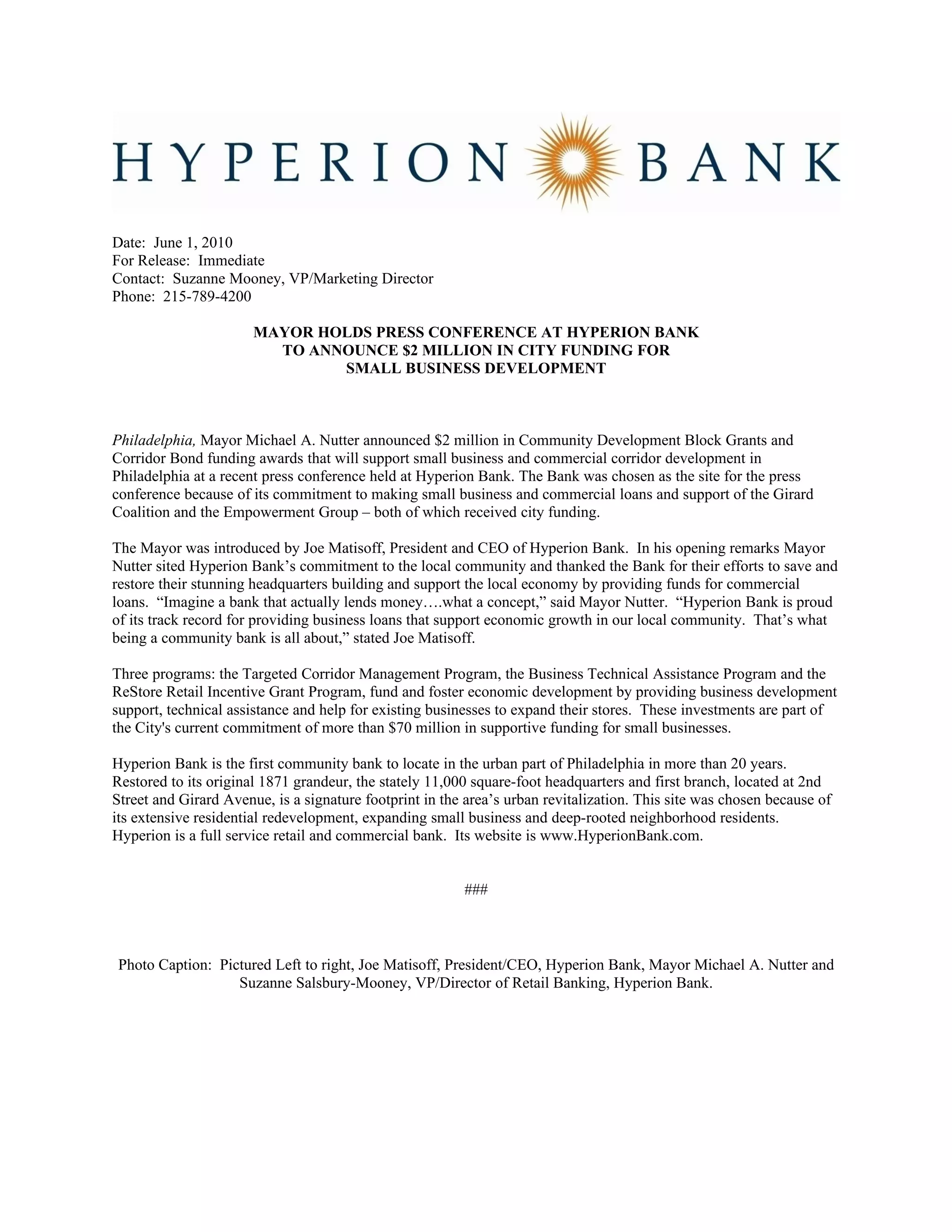 Mayor Nutter Press Conference at Hyperion Bank to Announce $25 Million ...