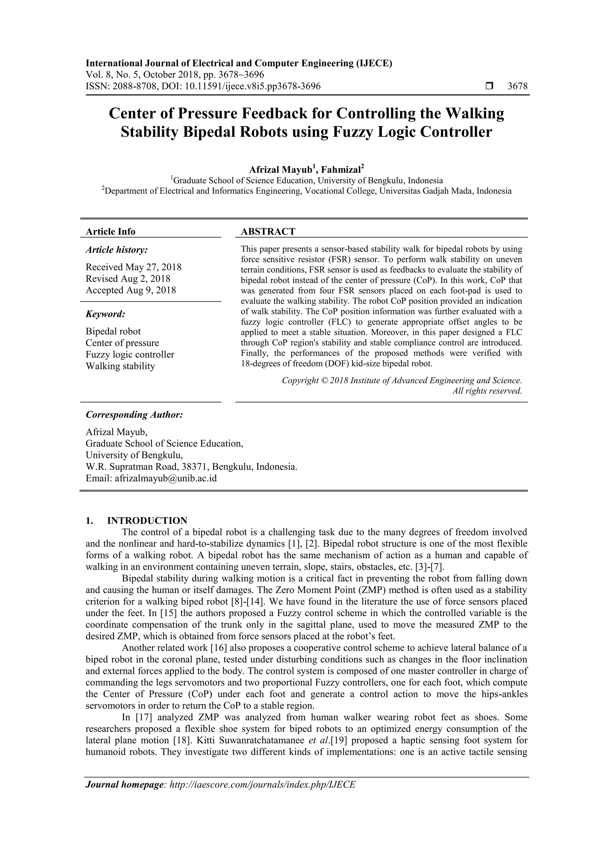 Center of Pressure Feedback for Controlling the Walking Stability Bipedal Robots using Fuzzy ...