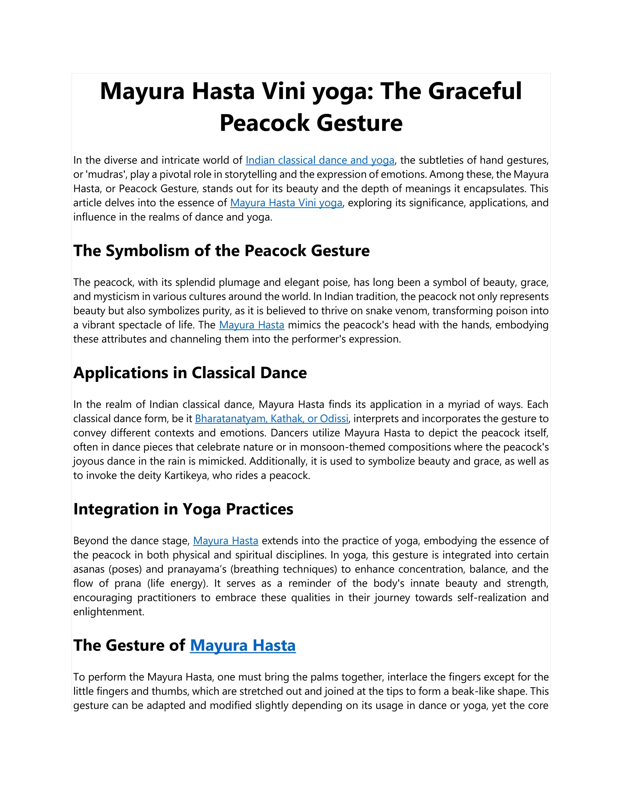 Mayura Hasta Vini yoga- The Graceful Peacock Gesture | DOCX