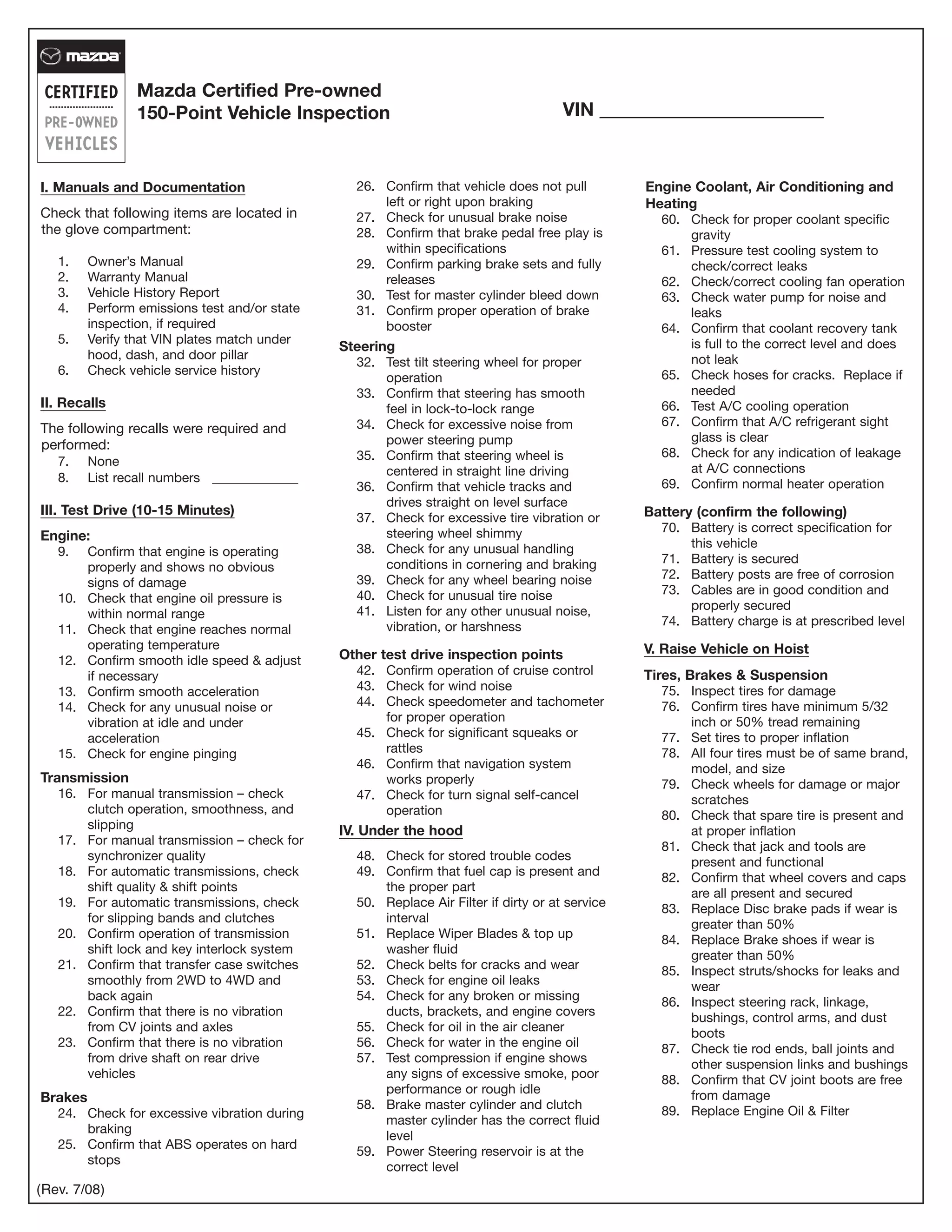 Mazda Certified Pre-Owned CPO 150 Point Vehicle Inspection CardinaleWay ...