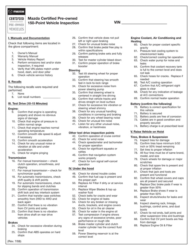 Mazda Certified Pre-Owned CPO 150 Point Vehicle Inspection CardinaleWay ...