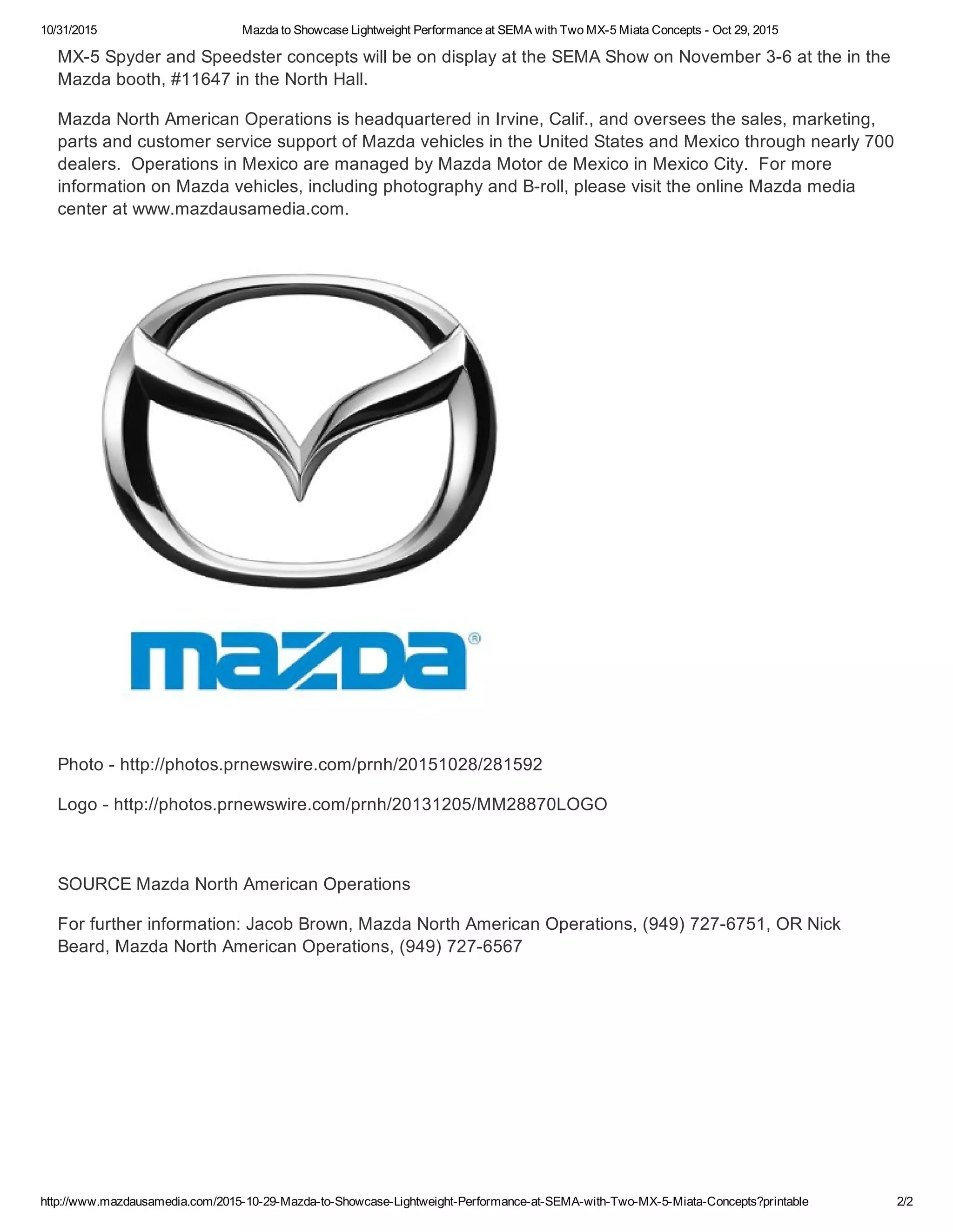 Mazda to showcase two mx 5 miata concepts at sema | PDF
