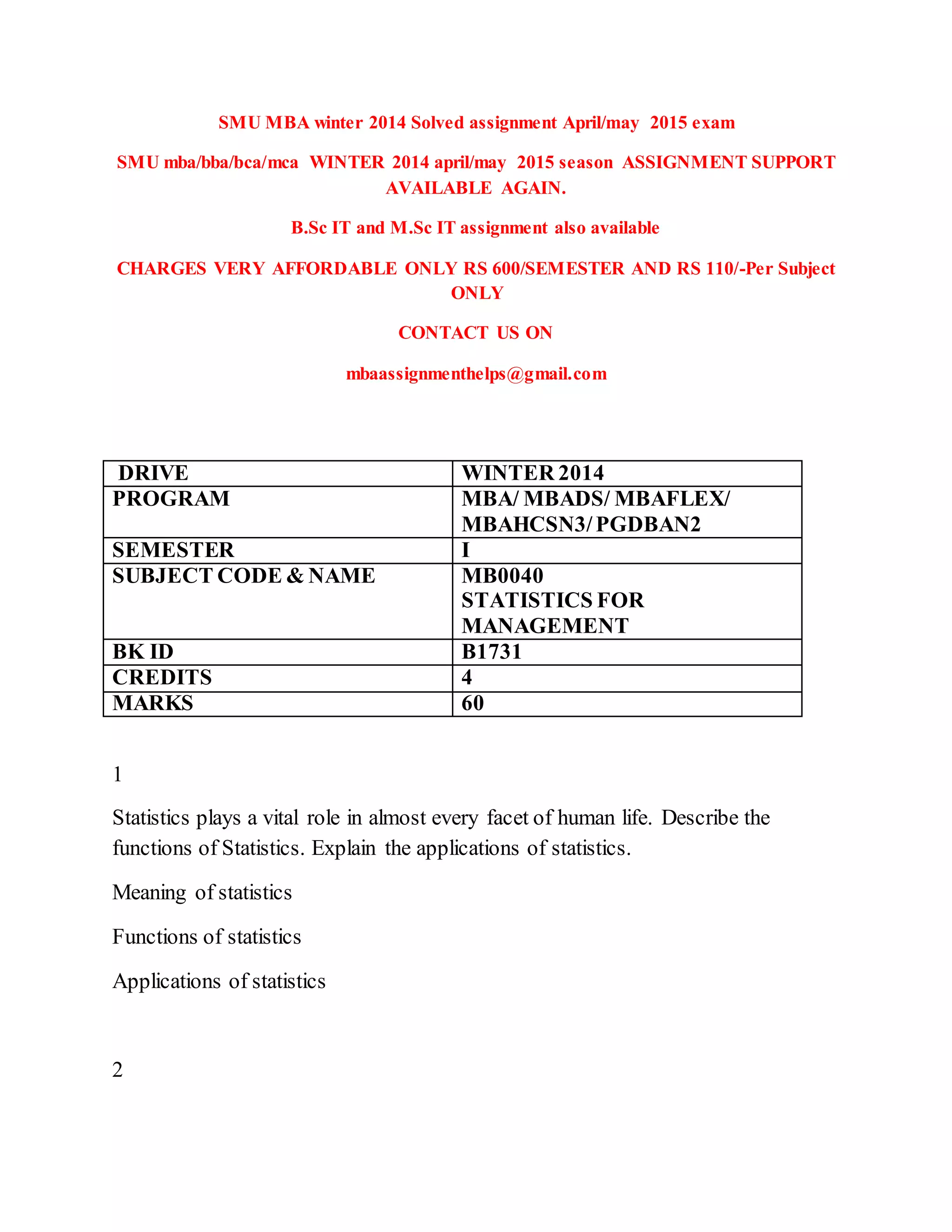 Mb0040 statistics for management | PDF